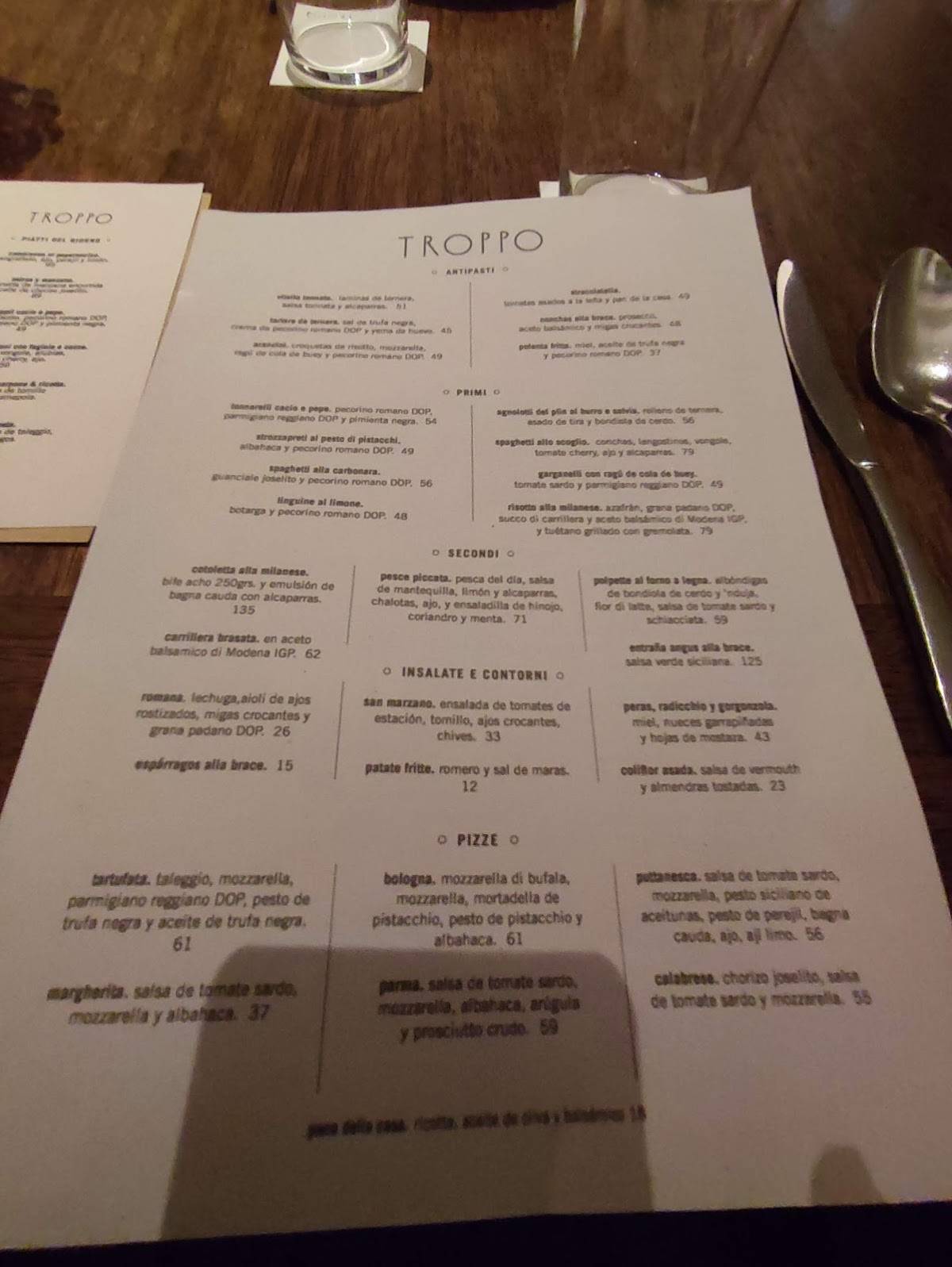 Carta de Troppo Restaurante, San Isidro