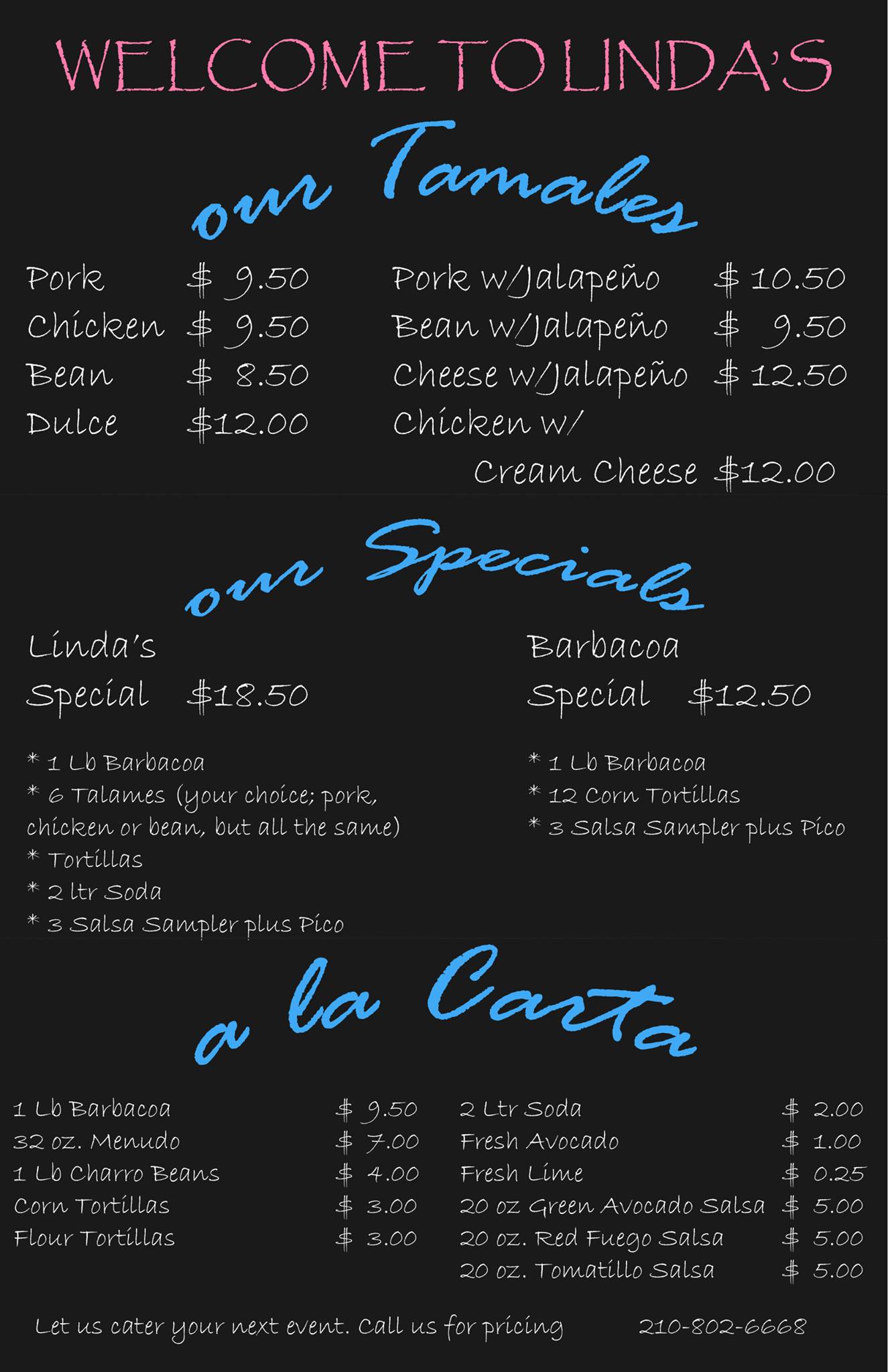 Menu at Linda's Tamales restaurant, San Antonio