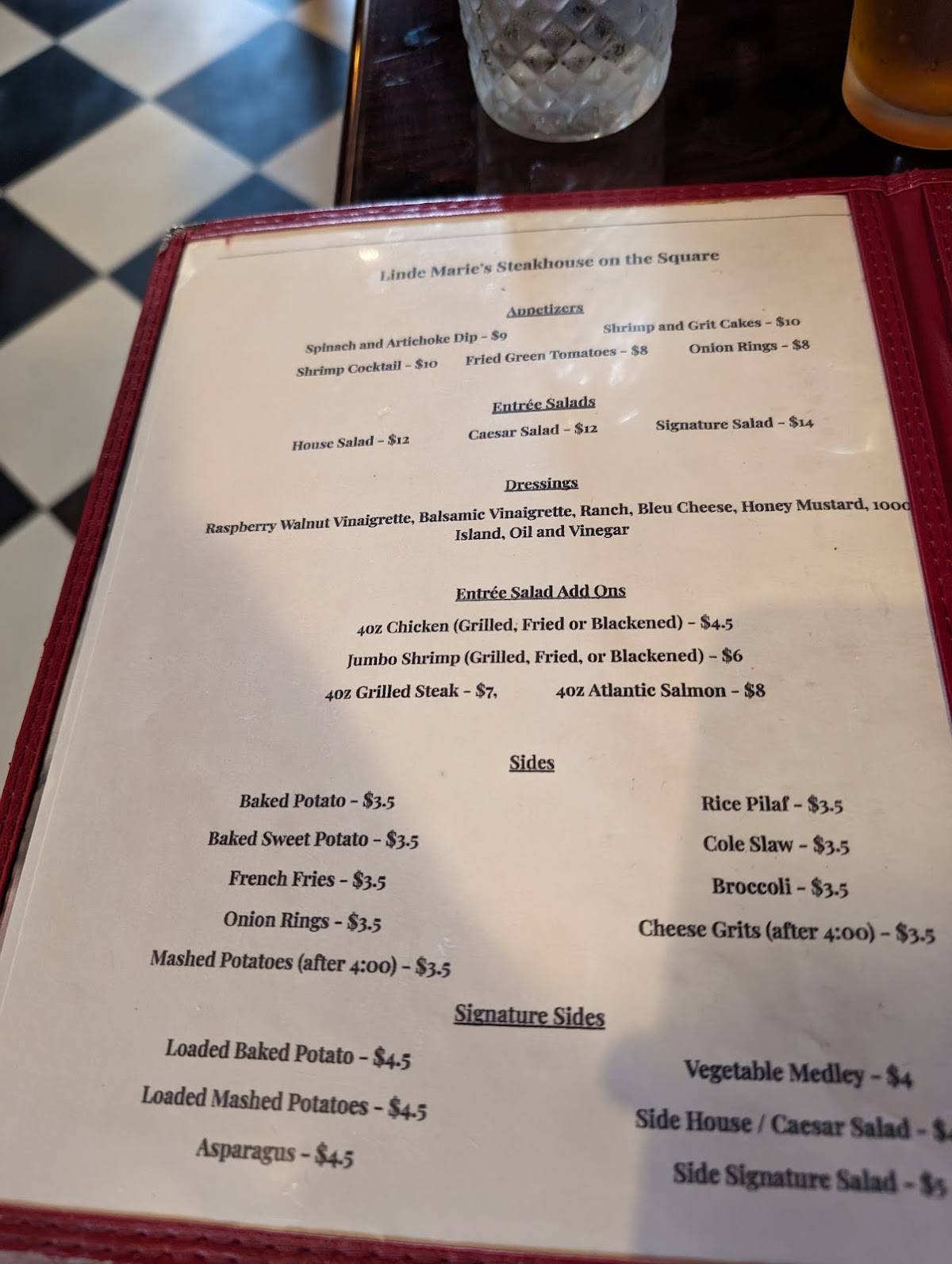 Menu at Linde Marie's Steakhouse on the Square, Cave Spring