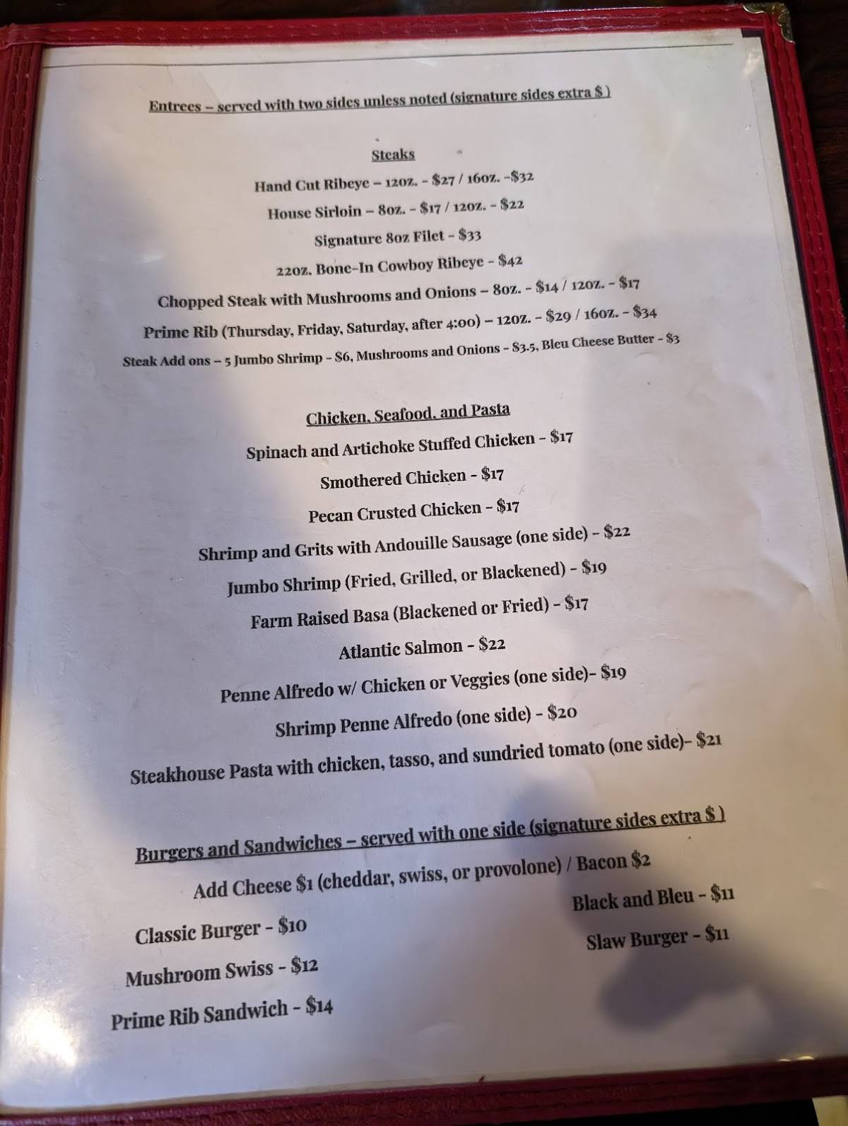 Menu at Linde Marie's Steakhouse on the Square, Cave Spring