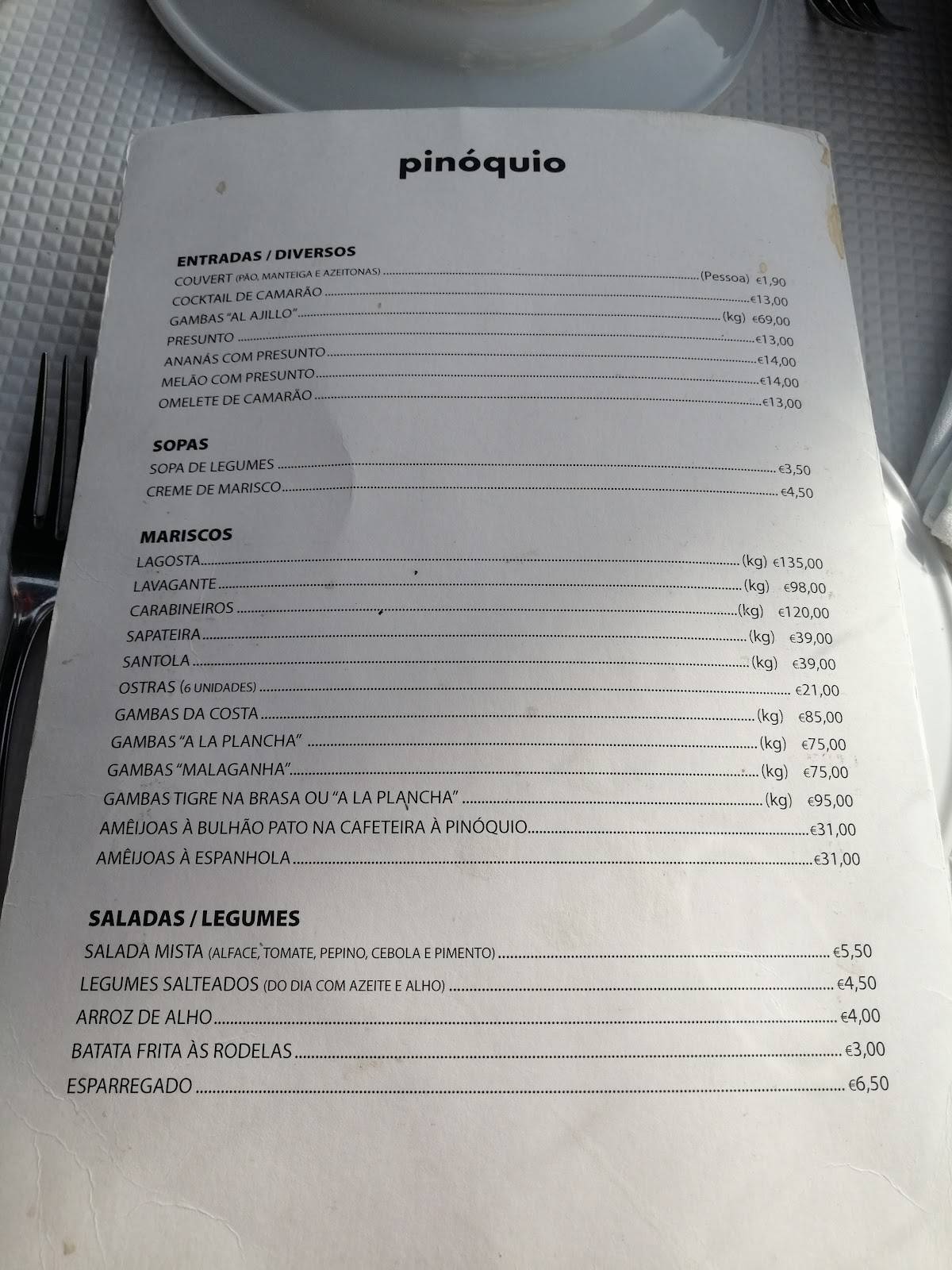 Menu at Pinóquio restaurant, Lisbon, Praça dos Restauradores 79 80