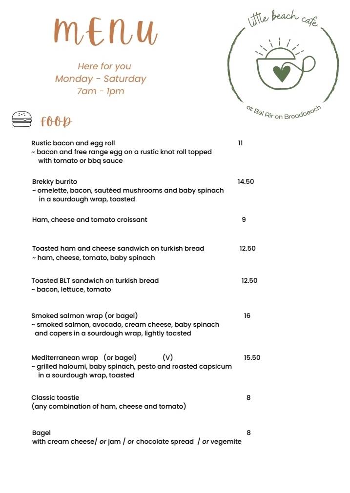 Menu at Little Beach Cafe at Bel Air, Broadbeach