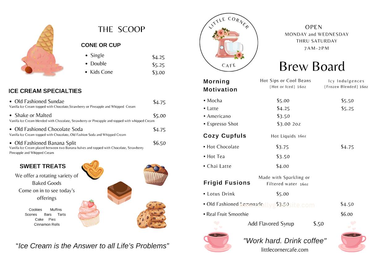 Menu at Little Corner Cafe, Eureka