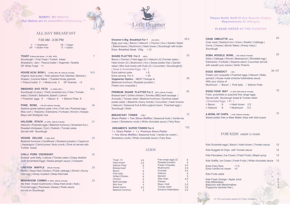 Menu at Little Dreamer Cafe, Calamvale