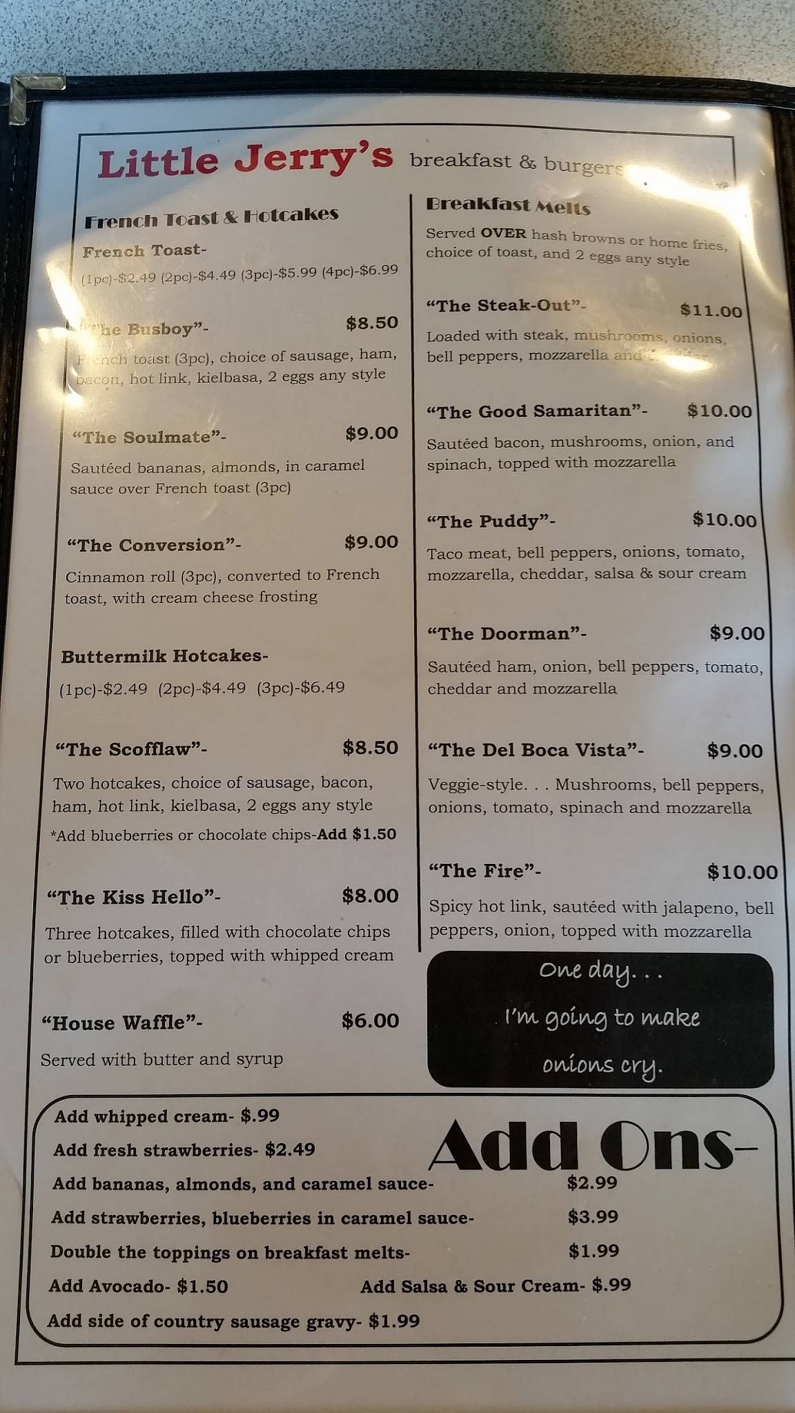 Menu at Little Jerry's restaurant, Tacoma, Park Ave. S