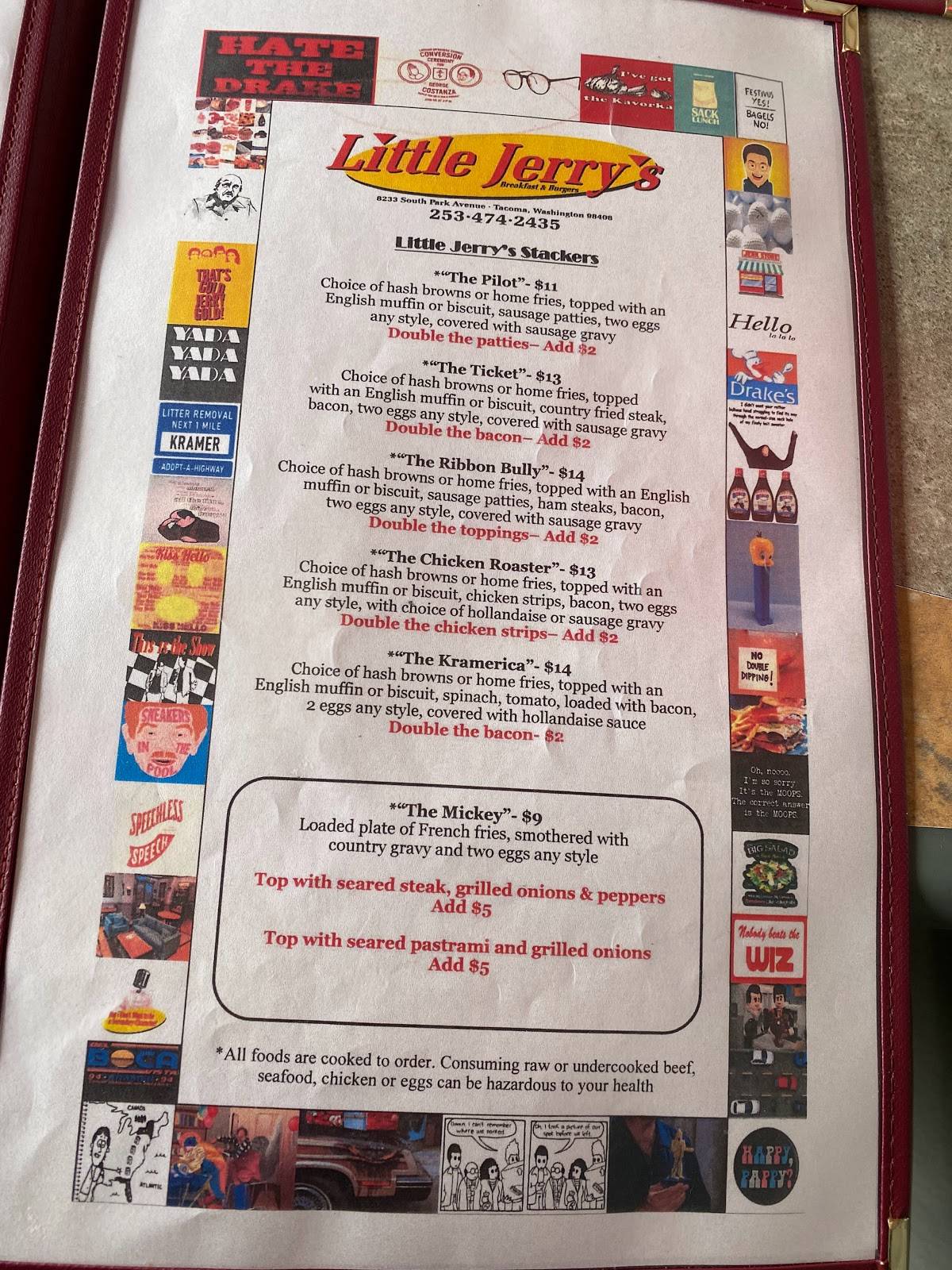 Menu at Little Jerry's restaurant, Tacoma, Park Ave. S