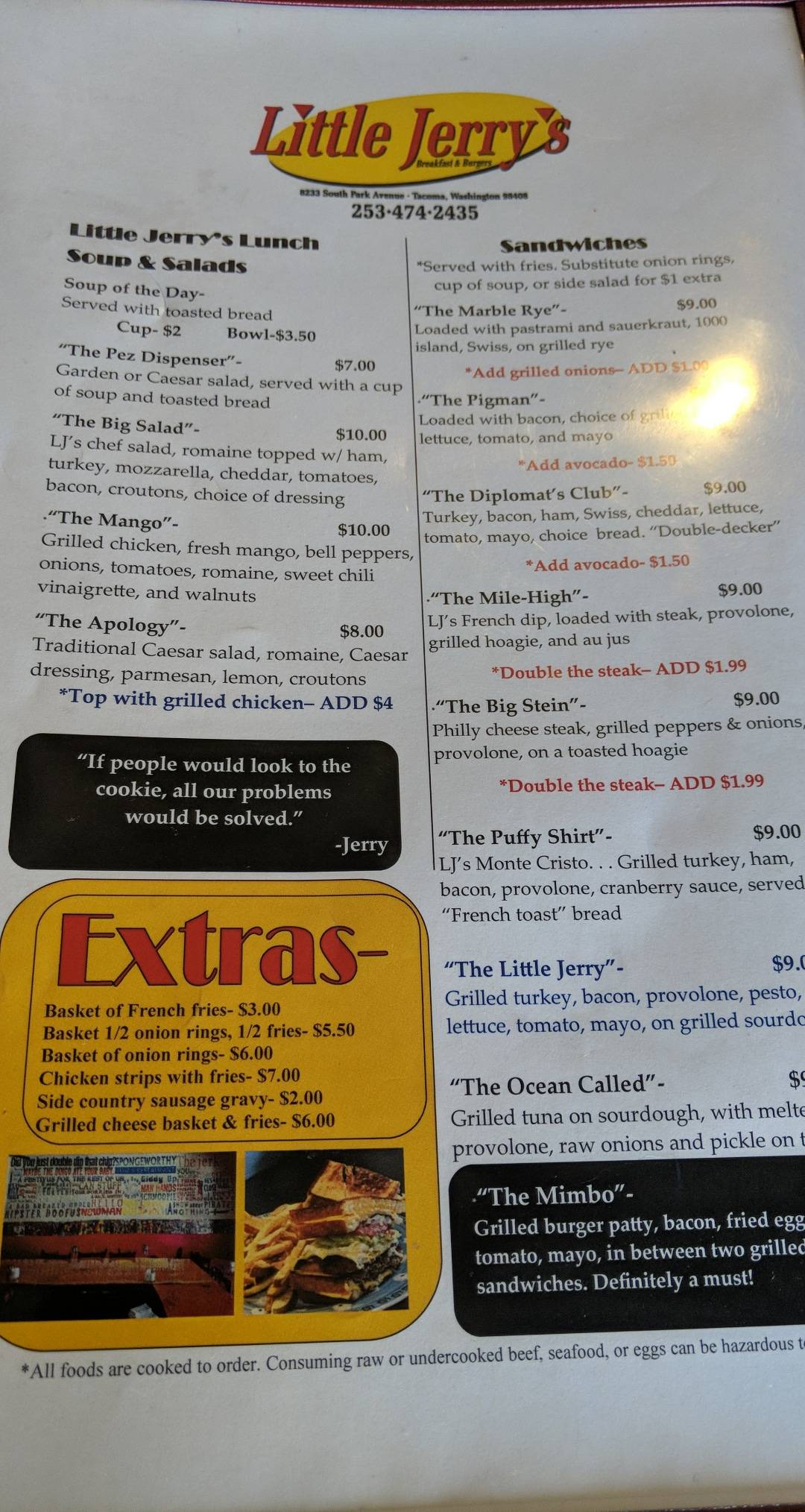 Menu at Little Jerry's restaurant, Tacoma, Park Ave. S