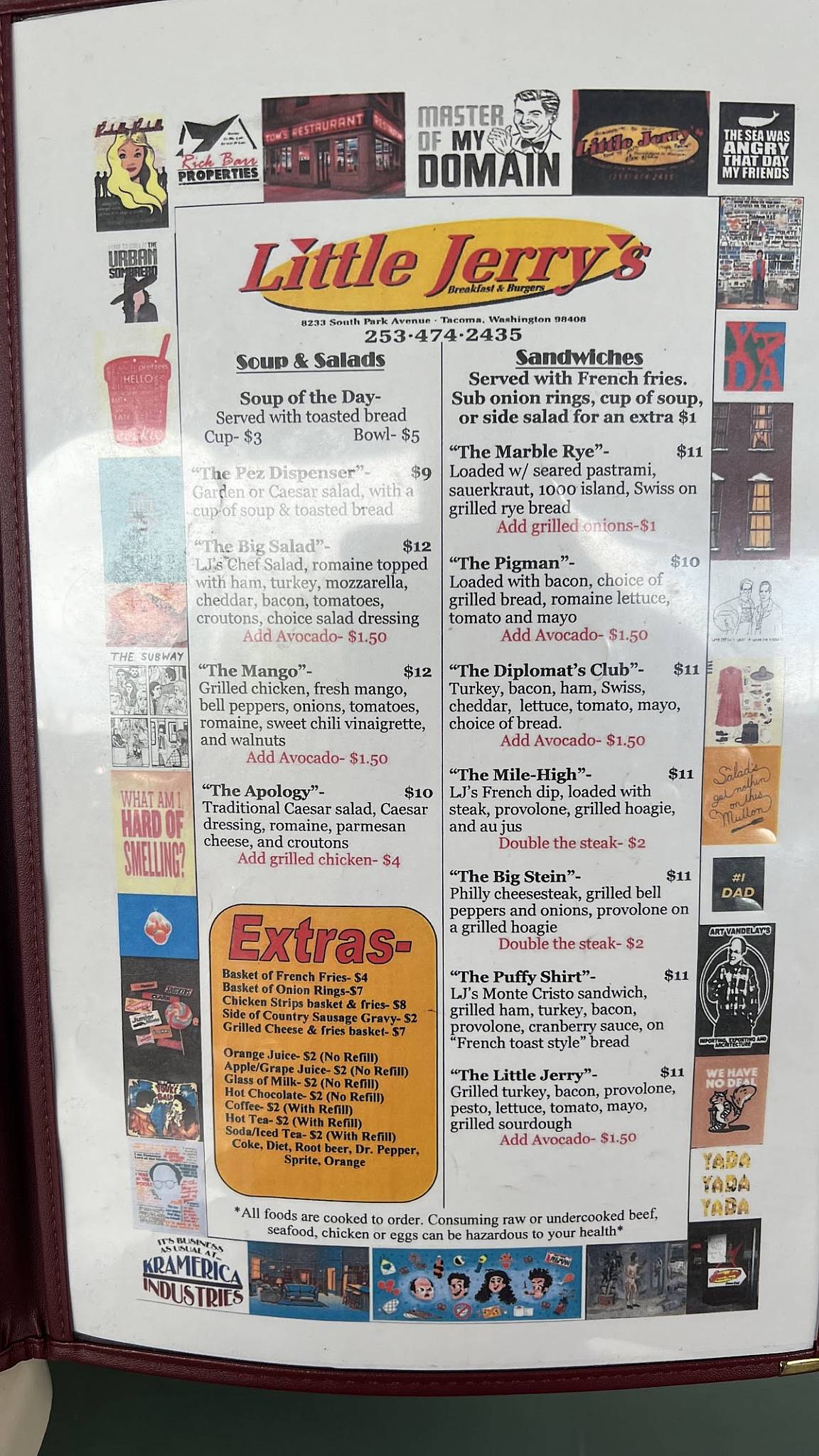 Menu at Little Jerry's restaurant, Tacoma, Park Ave. S