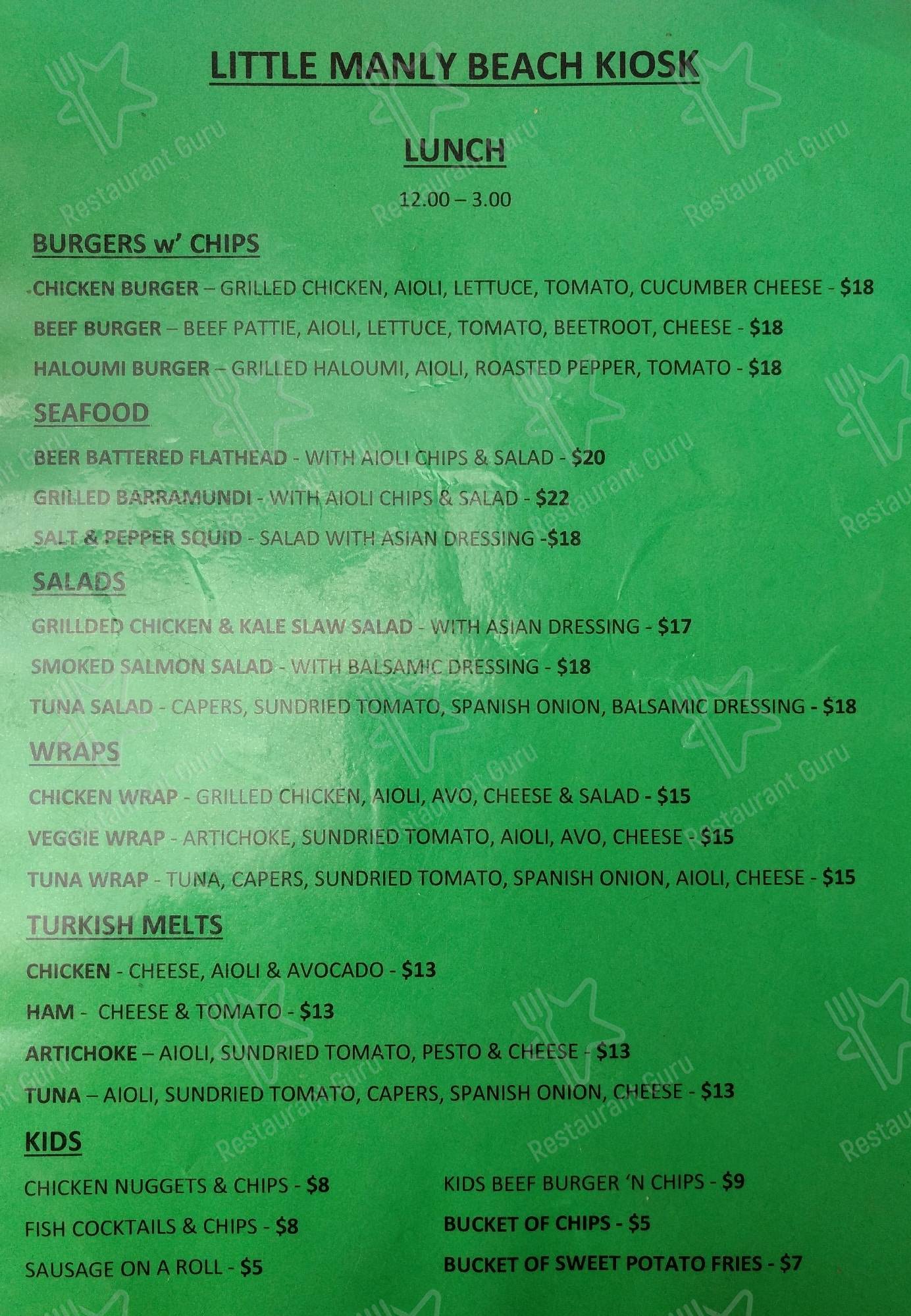 Menu at Little Manly Beach Kiosk restaurant, Manly