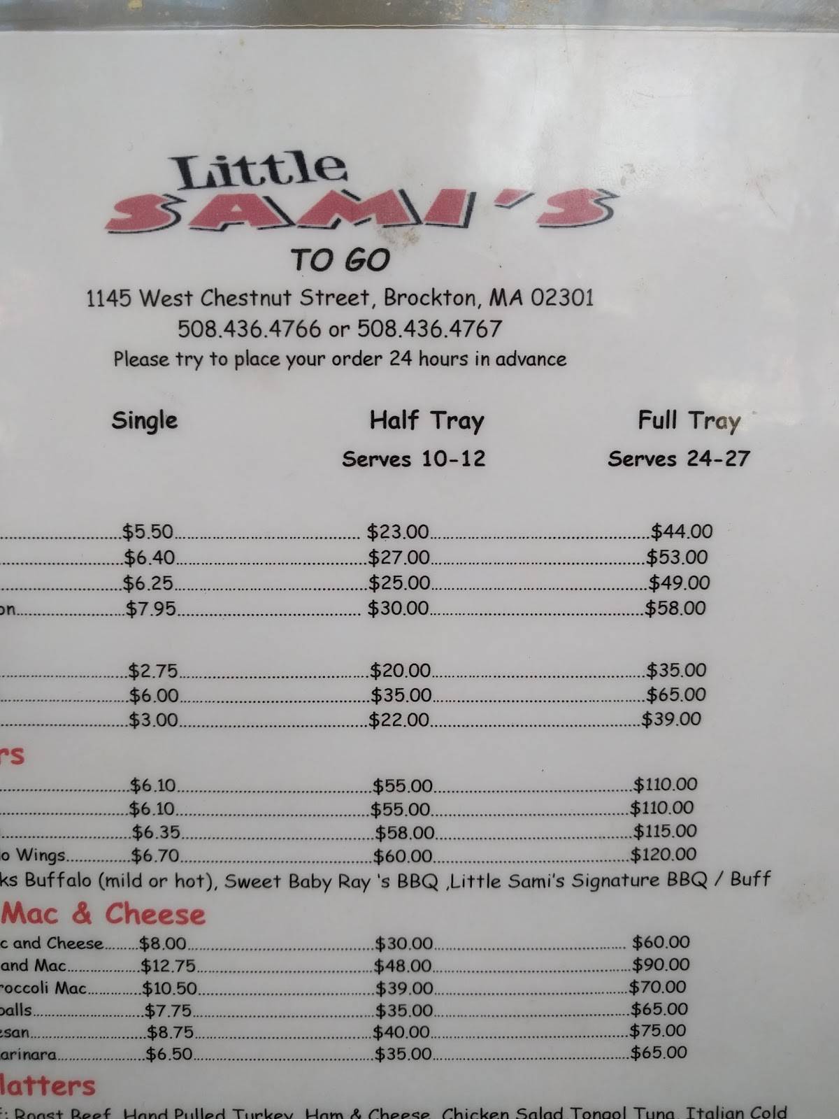 Menu at Little Sami's restaurant, Brockton, W Chestnut St