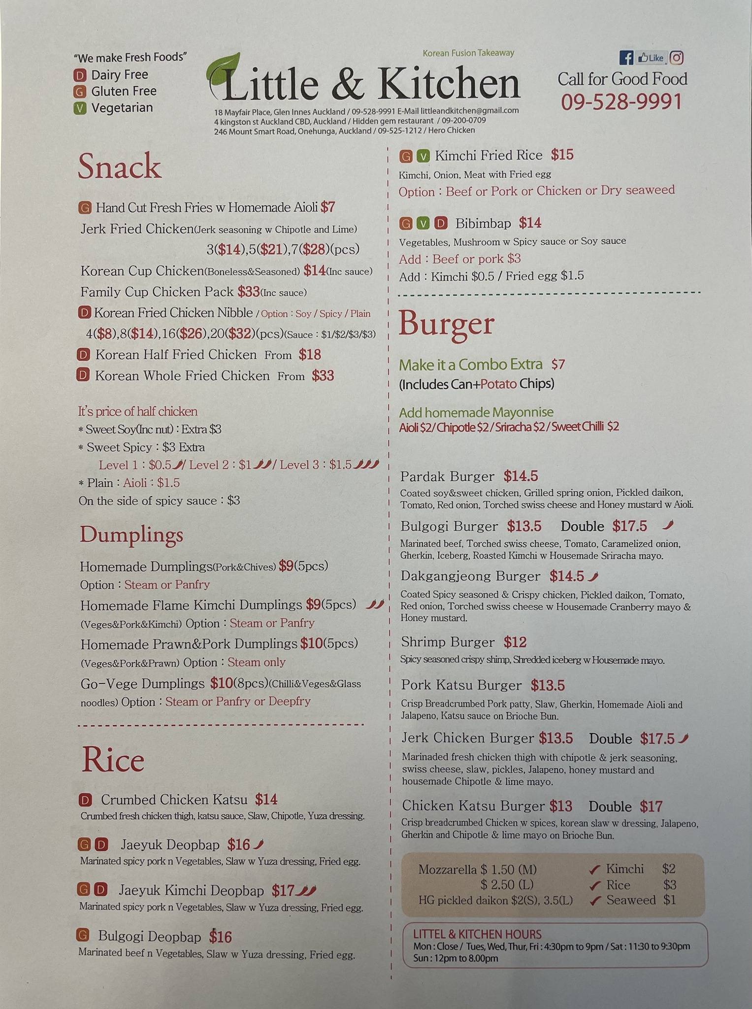 Menu at Little & Kitchen restaurant, Auckland