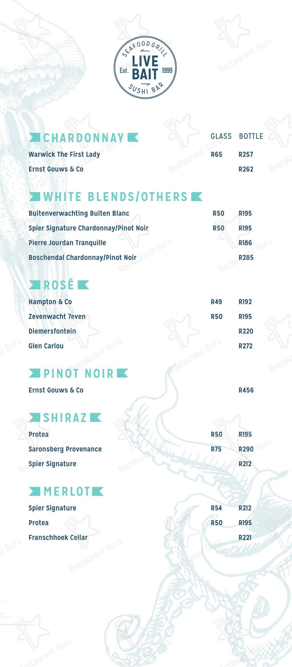 Menu at Live Bait Kalk Bay restaurant, Cape Town, Main Rd