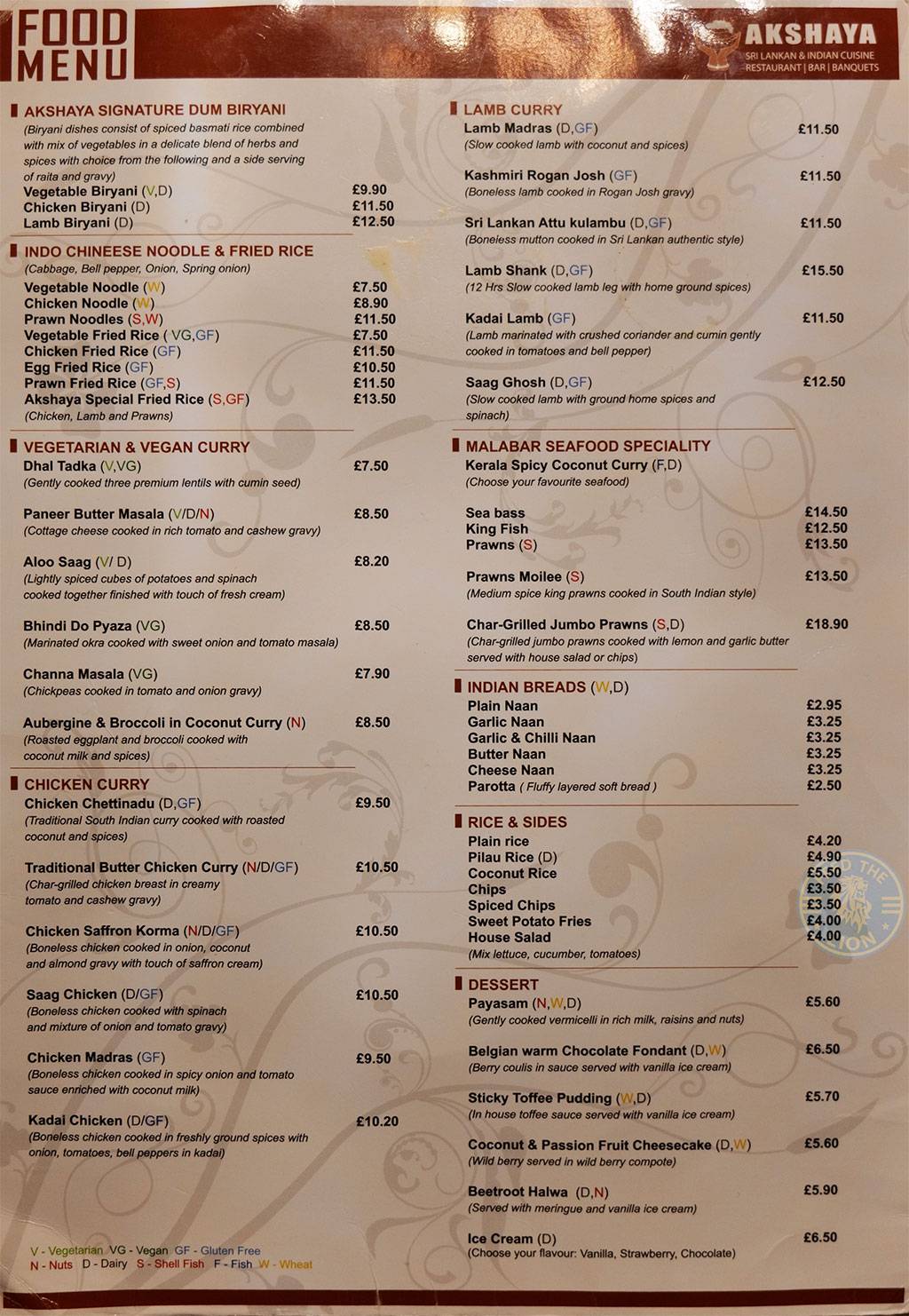 Menu at Akshaya - The Picture Drome restaurant, Liverpool, 286 Kensington