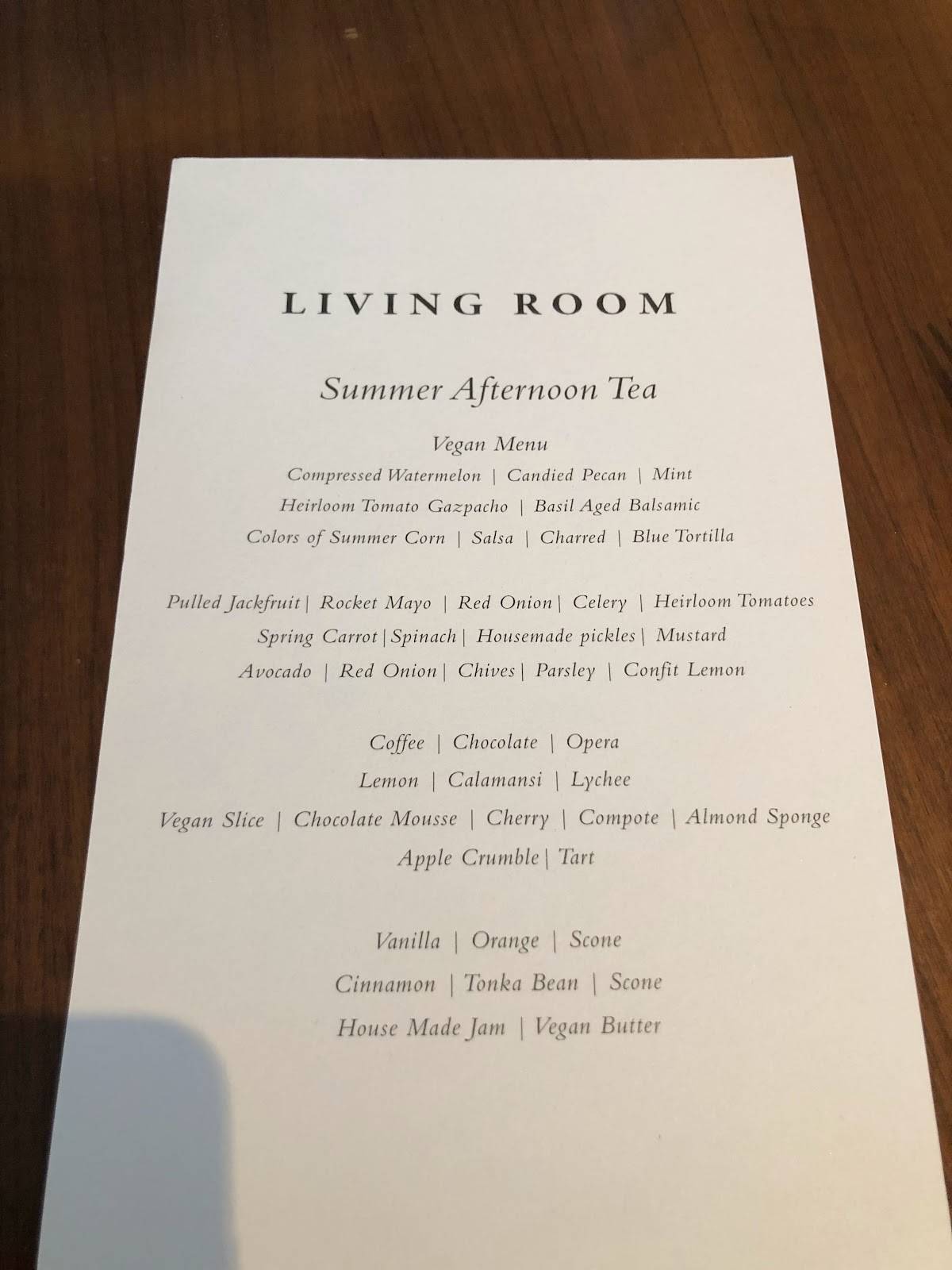 Menu at Living Room restaurant, Auckland, Park Hyatt Auckland 99 Halsey St