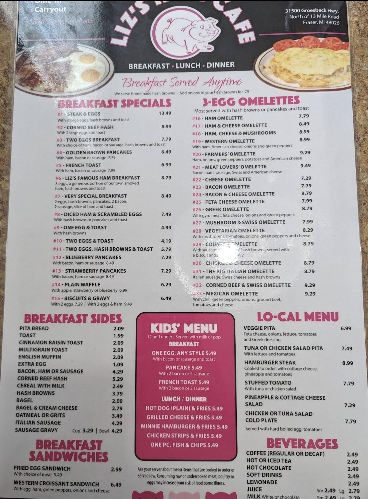 Menu at Liz's Ham Cafe, Fraser