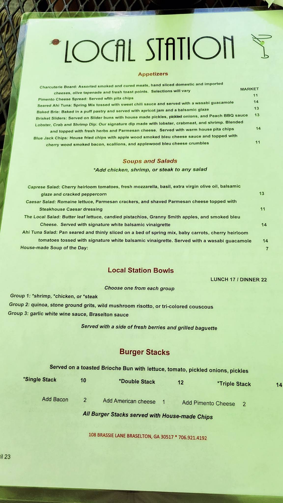 Menu at Local Station pub & bar, Braselton