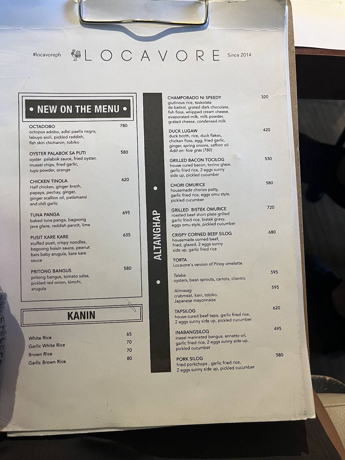 Menu at Locavore pub & bar, Pasay, Ground Level