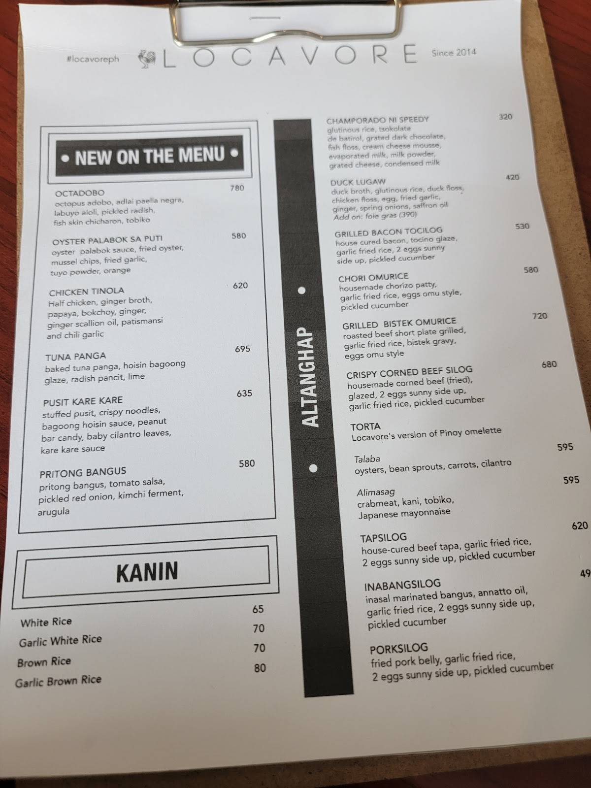 Menu at Locavore restaurant, Makati, H269+282 Three Central
