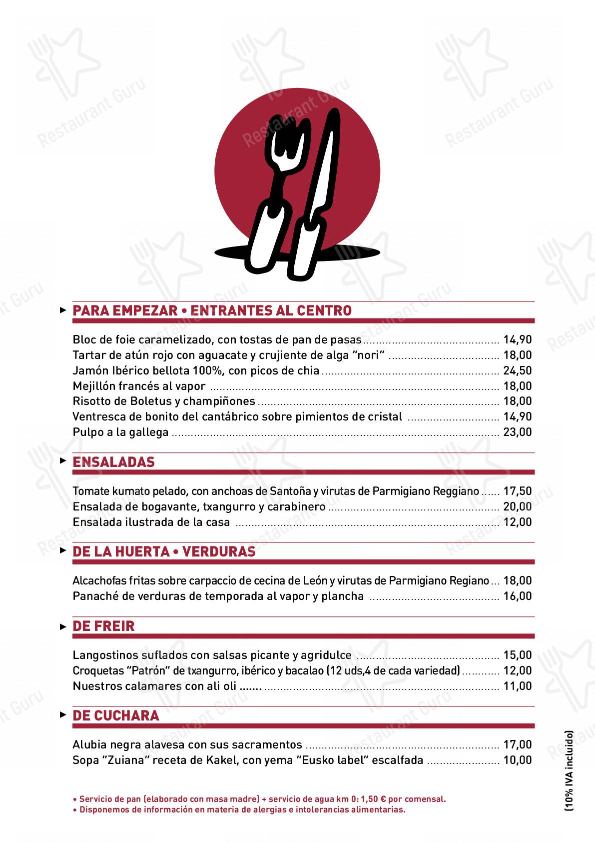 Carta del restaurante Lola Enea, Izarra, Mayor Kalea