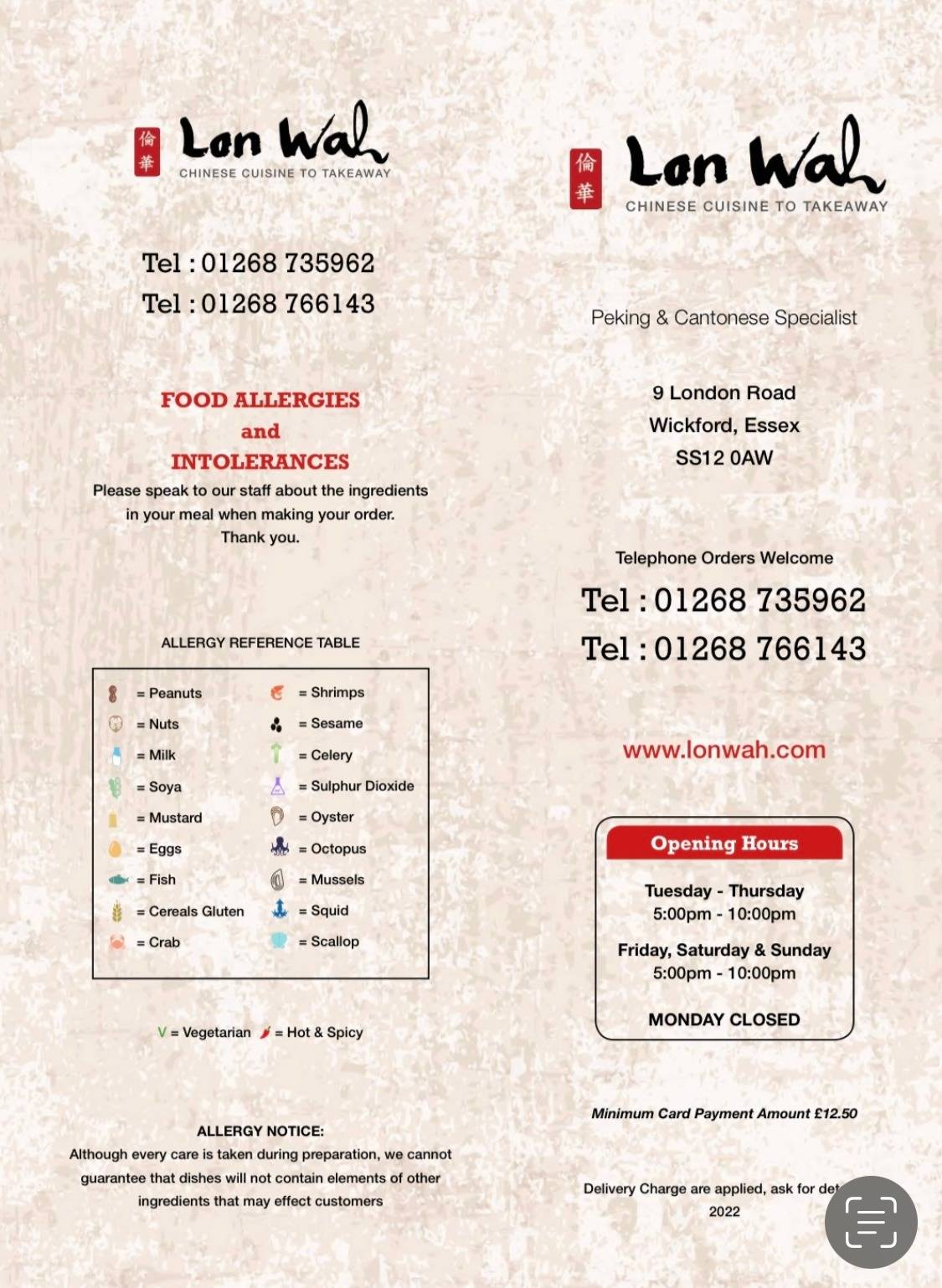 Menu at Lon Wah Takeaway restaurant, Wickford