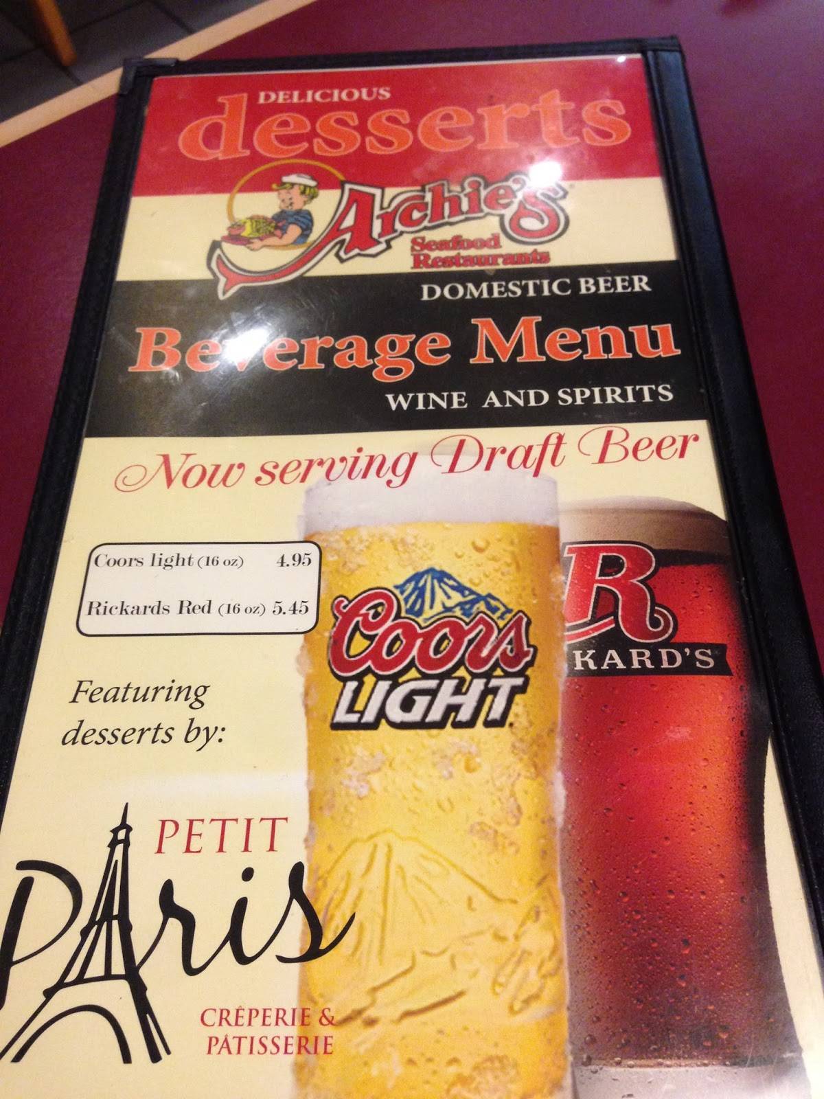 Menu at Archie's Fish & Chips restaurant, London, Huron St