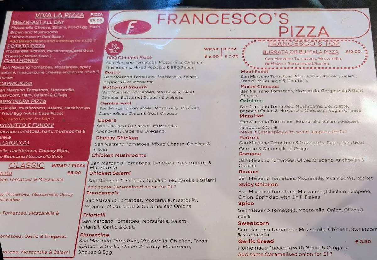 Menu at Francesco's restaurant, London