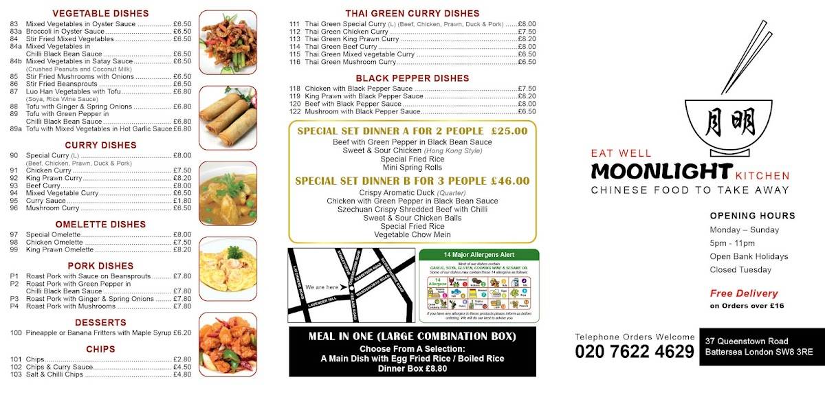 Menu at Moonlight restaurant, London, 37 Queenstown Rd