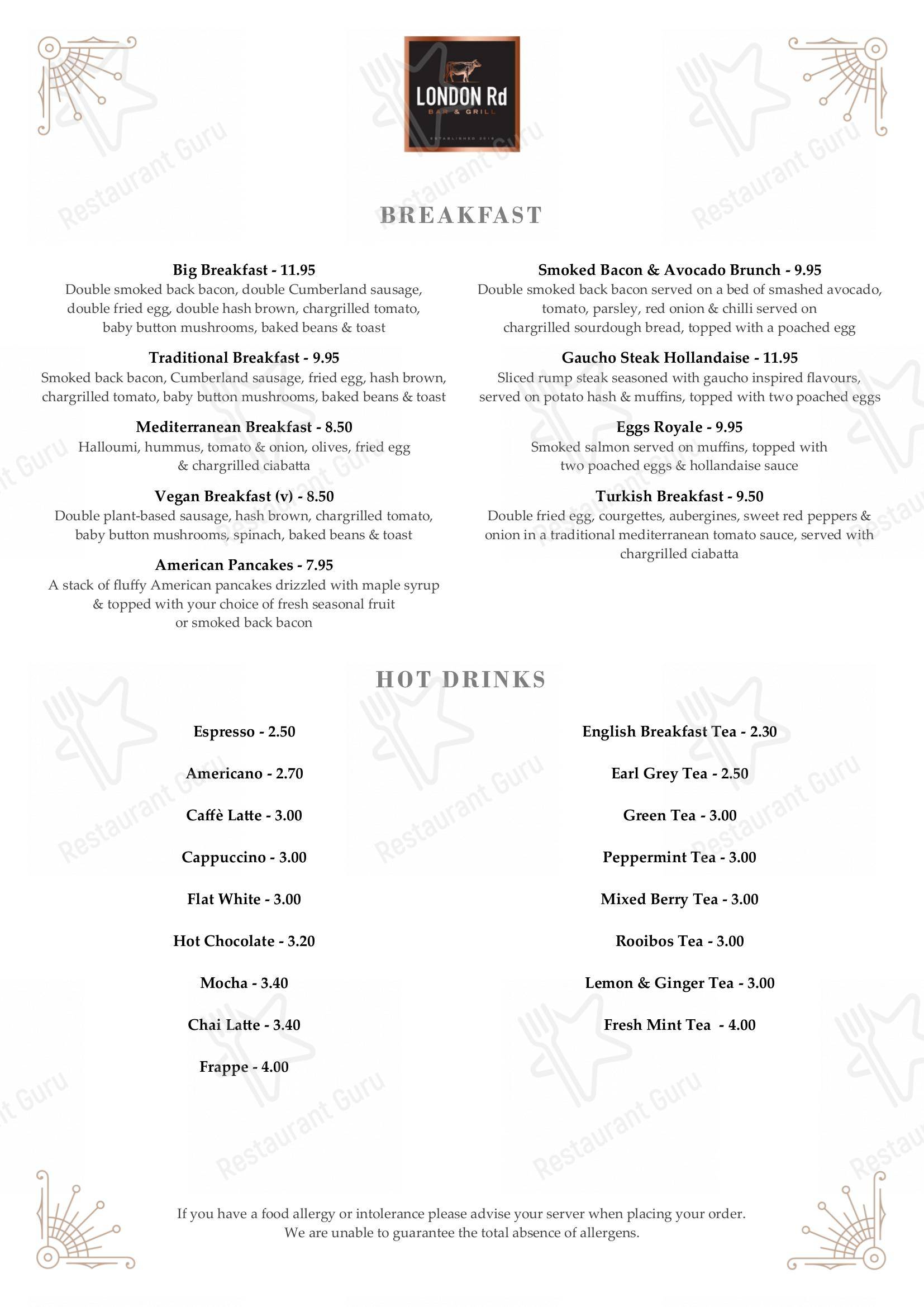 Menu at London Road Bar & Grill, East Grinstead