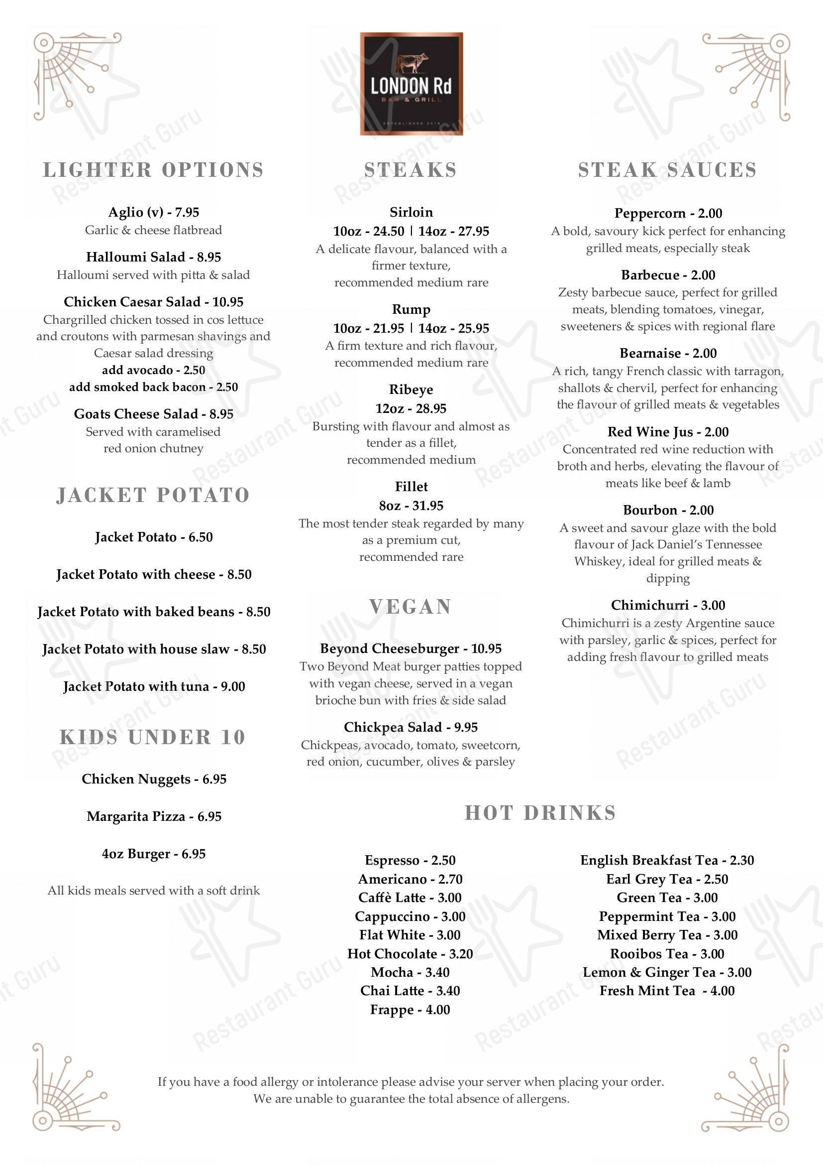 Menu at London Road Bar & Grill, East Grinstead