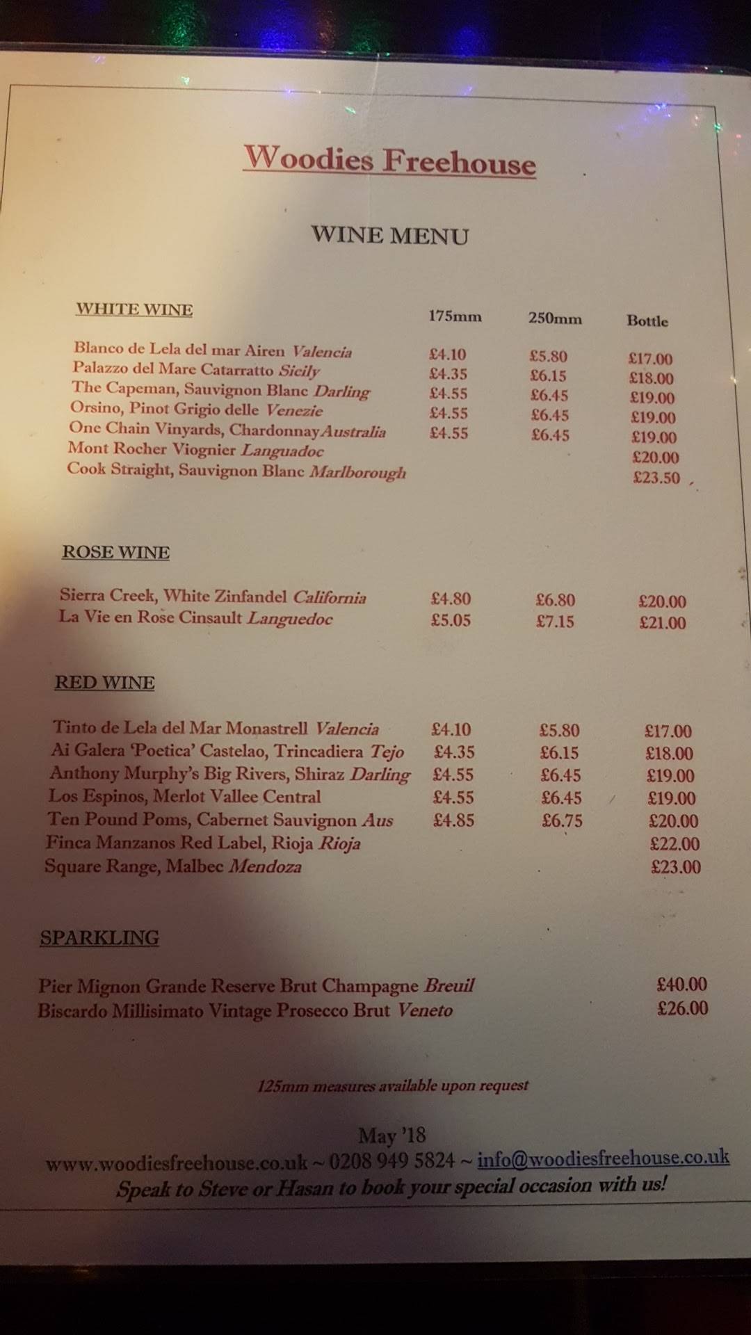 Menu at Woodies Freehouse pub & bar, New Malden