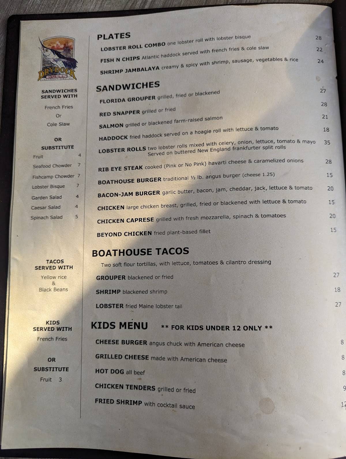 Menu at Dry Dock Waterfront Grill restaurant, Longboat Key