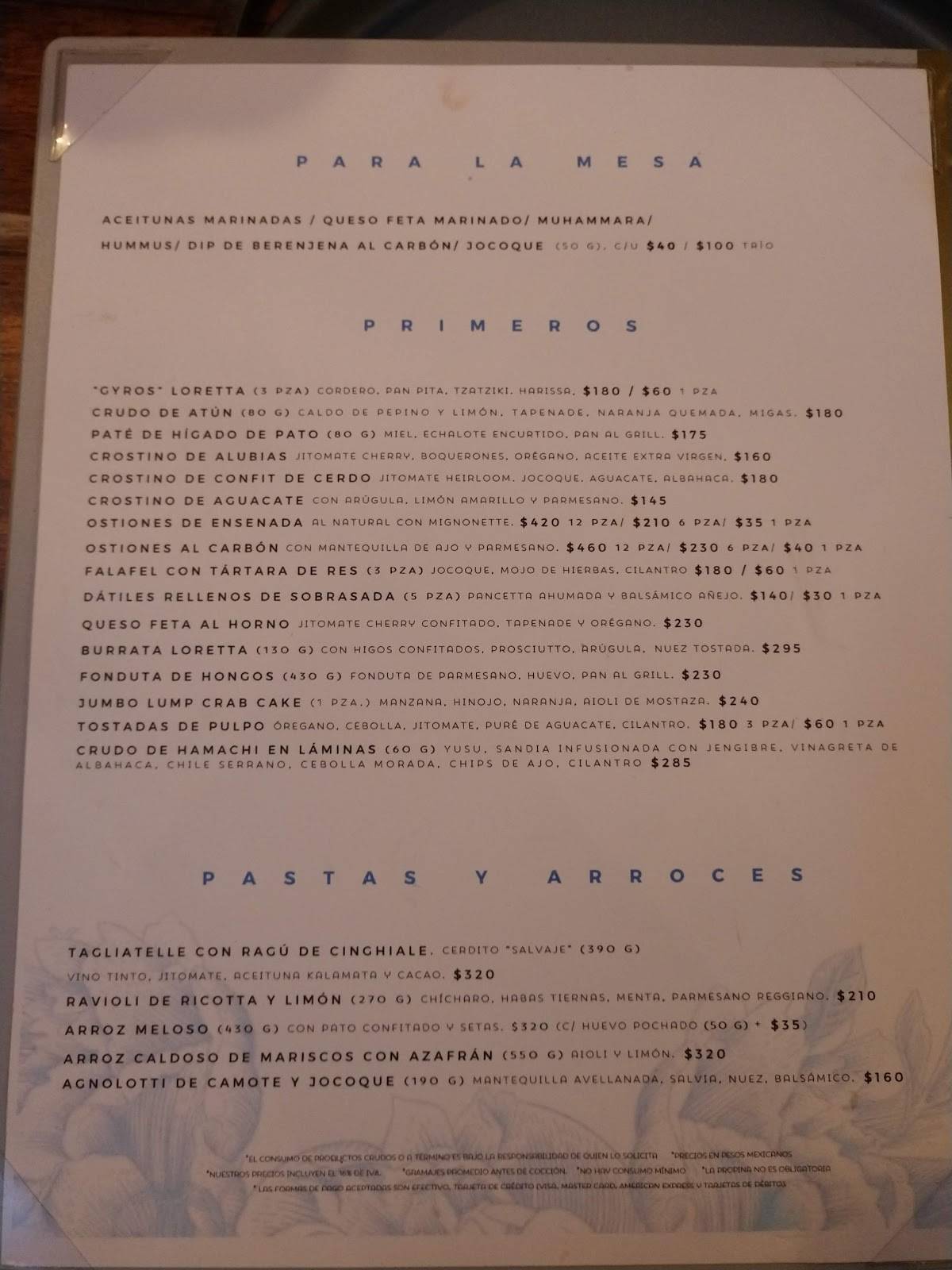 Carta del restaurante Loretta Chic Bistrot, Ciudad López Mateos