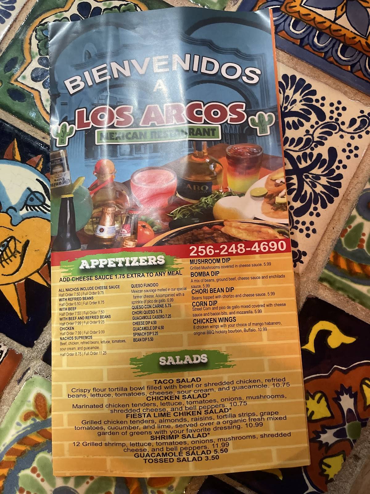 Menu at Los Arcos restaurant, Muscle Shoals