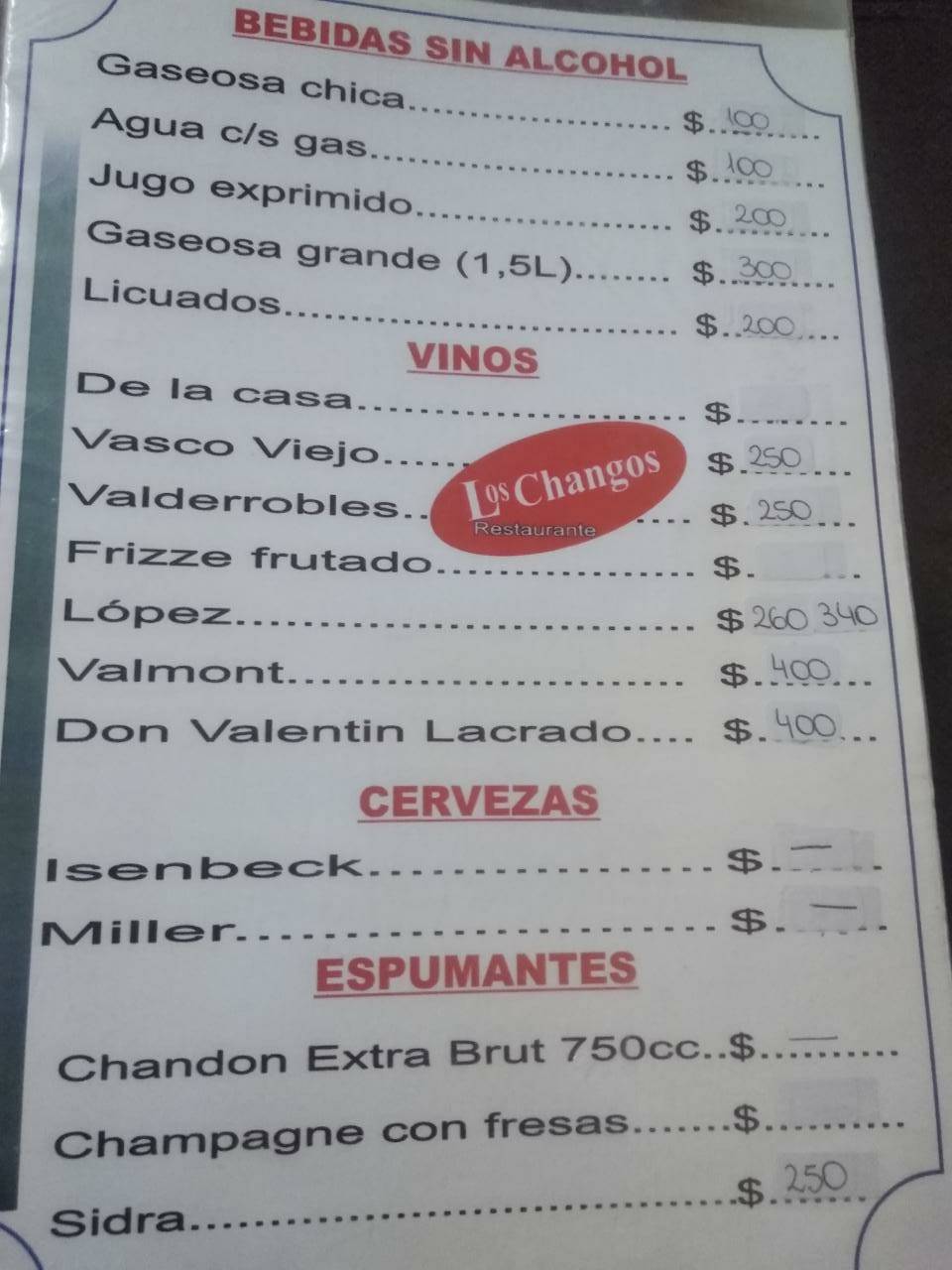 Carta del restaurante Los Changos, Longchamps