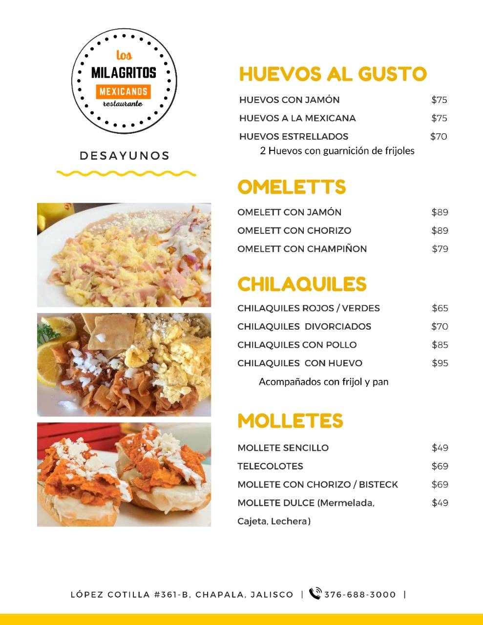 Carta del restaurante Los Milagritos Mexicanos, Chapala
