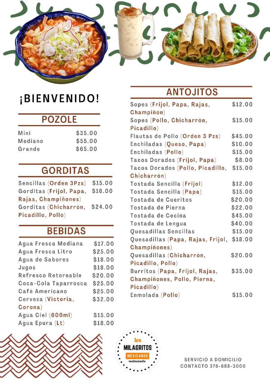 Carta del restaurante Los Milagritos Mexicanos, Chapala
