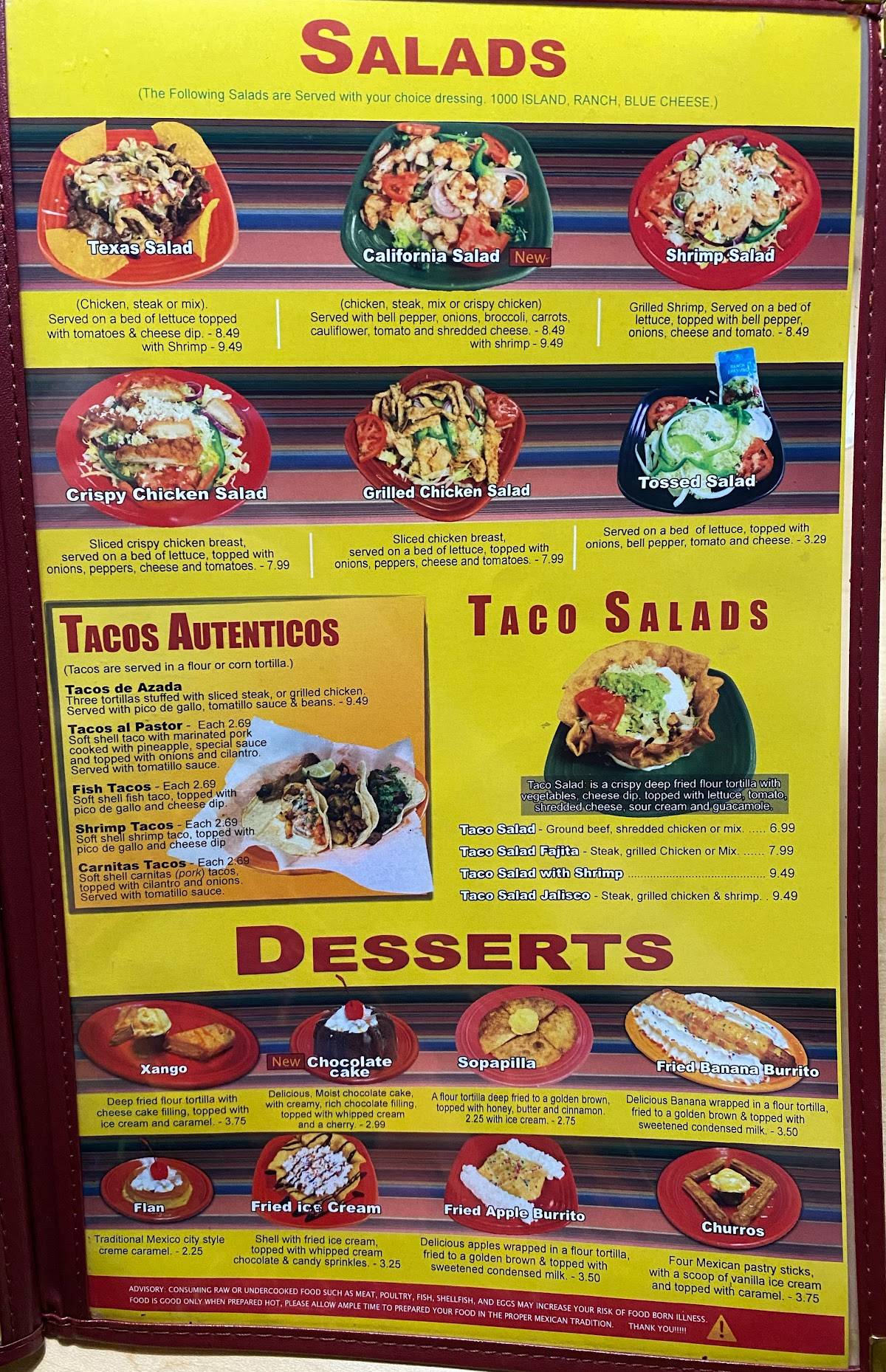 Menu at Los Toros restaurant, Guntown, MS-145