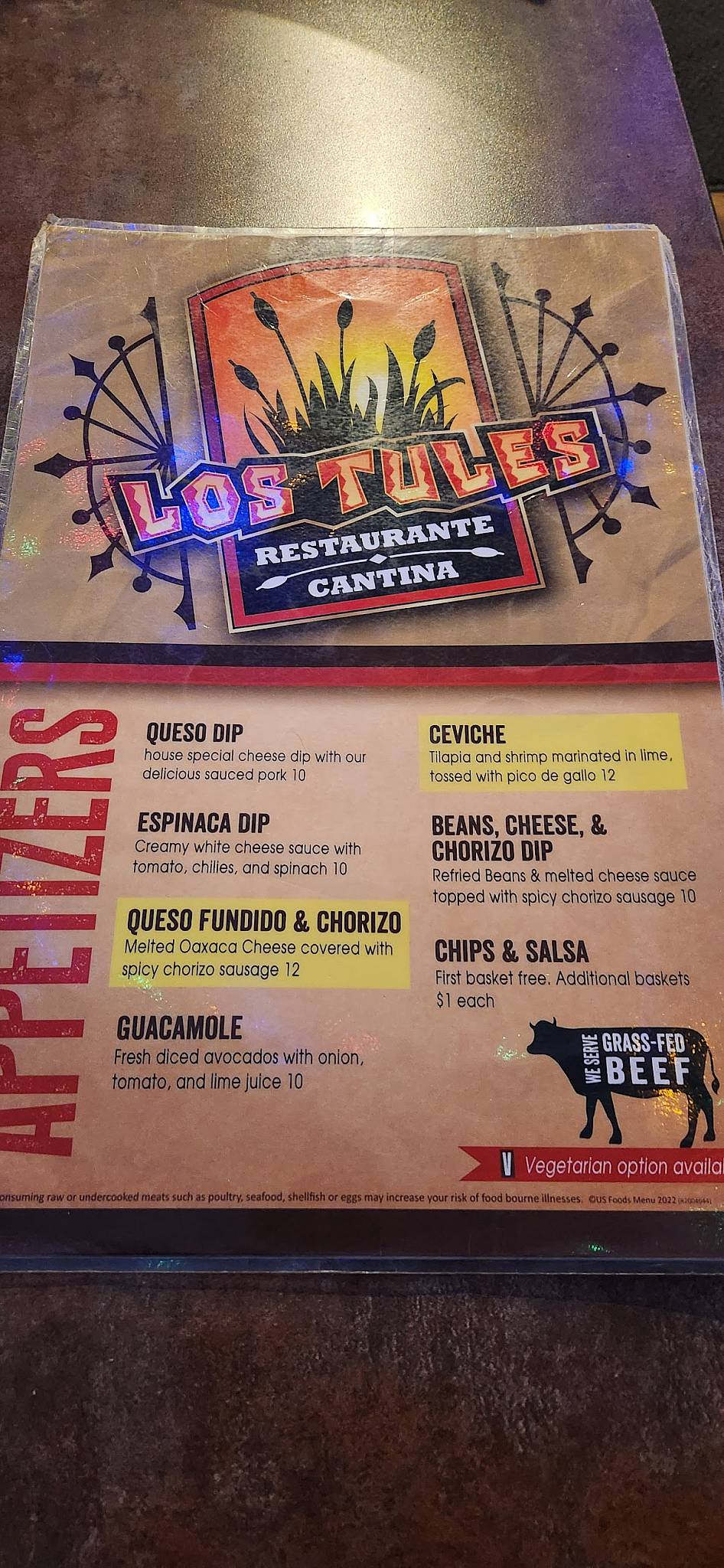 Menu at Los Tules restaurant, Kansas City, Broadway Blvd