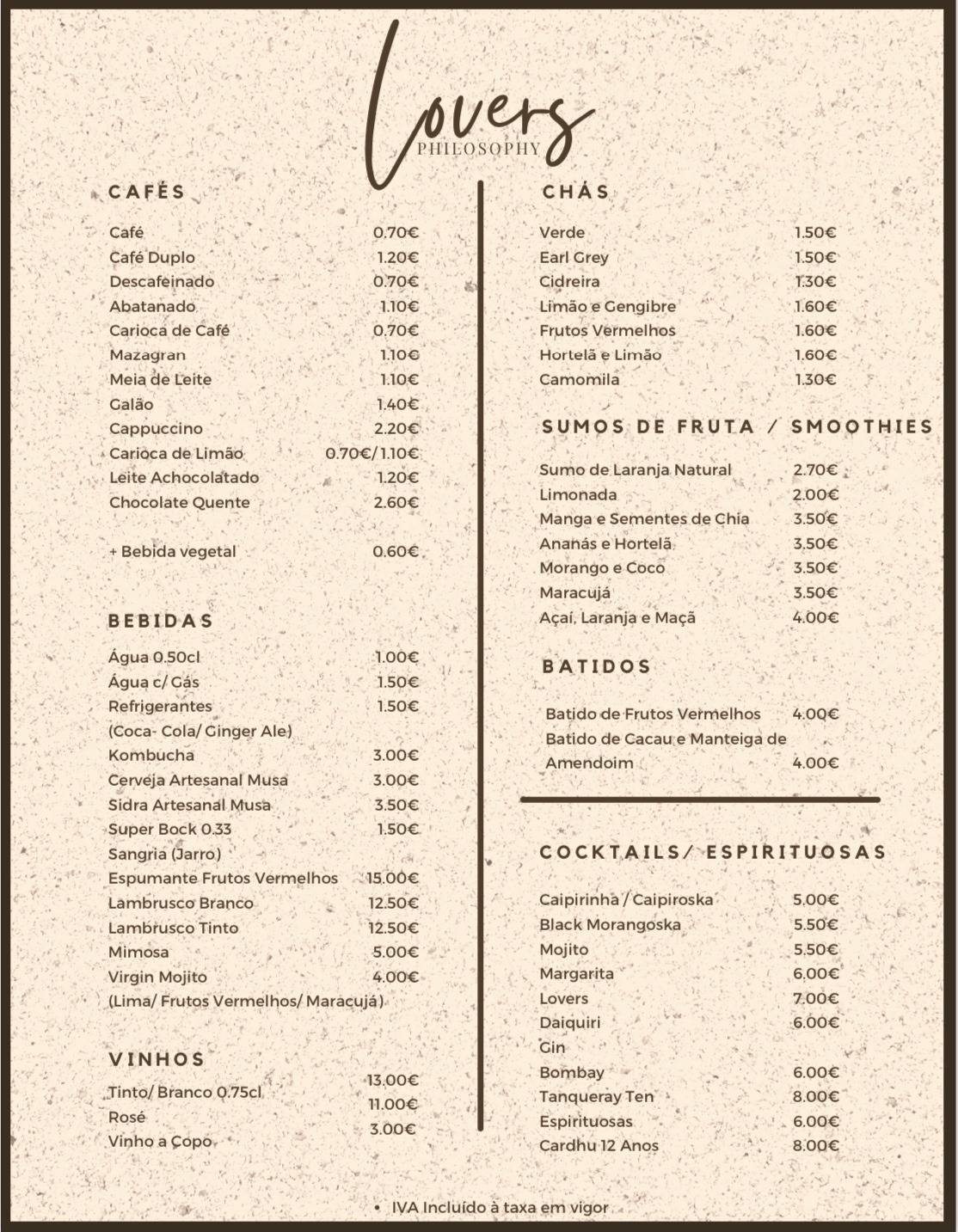 Menu em Lovers Philosophy restaurante, Ponte de Lima