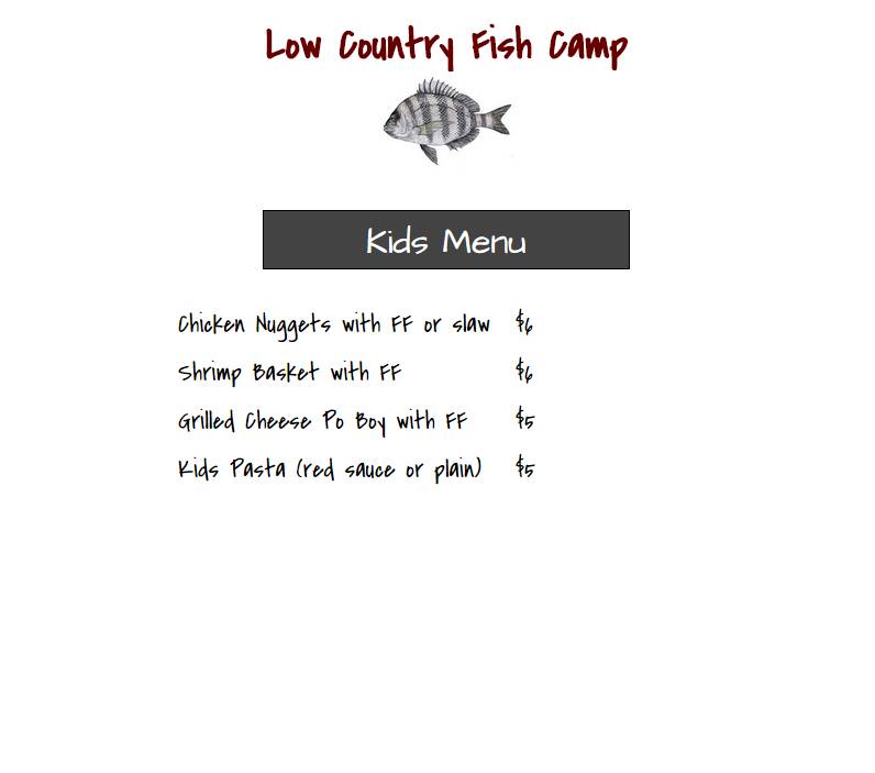 Menu at Low Country Fish Camp restaurant, Summerville