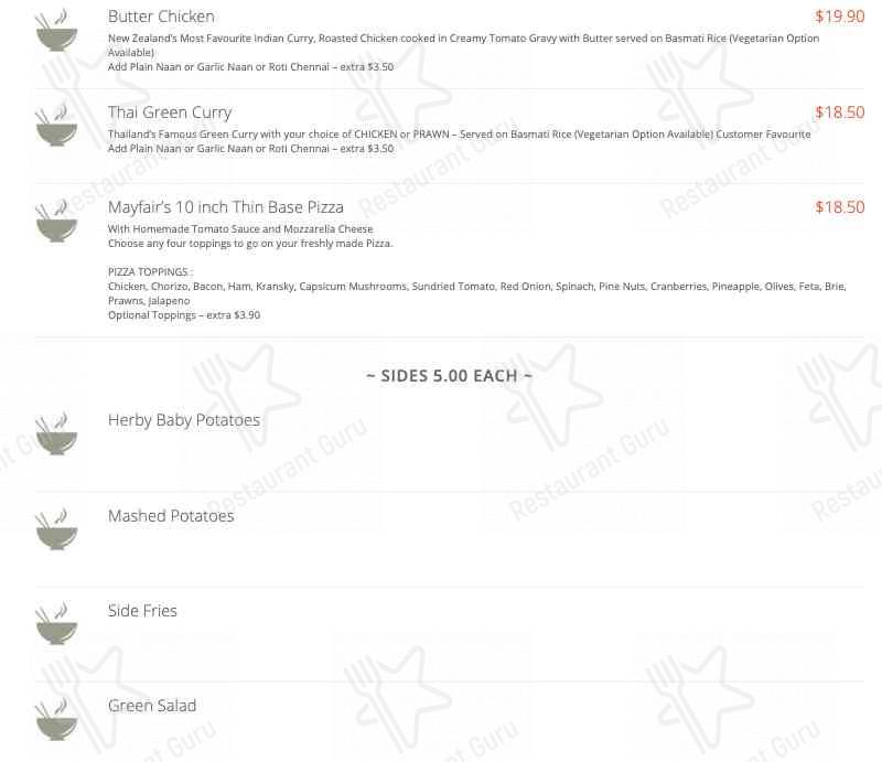 Menu at Mayfair Cafe, Upper Hutt
