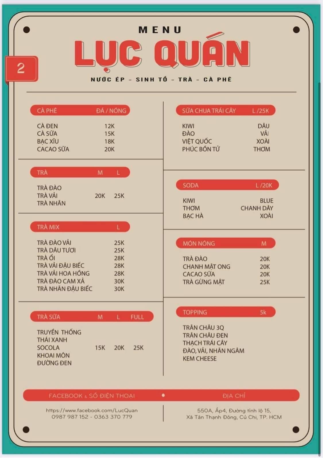 Menu at Lục Quán restaurant, Ho Chi Minh City, 550A Đ. Tỉnh Lộ 15