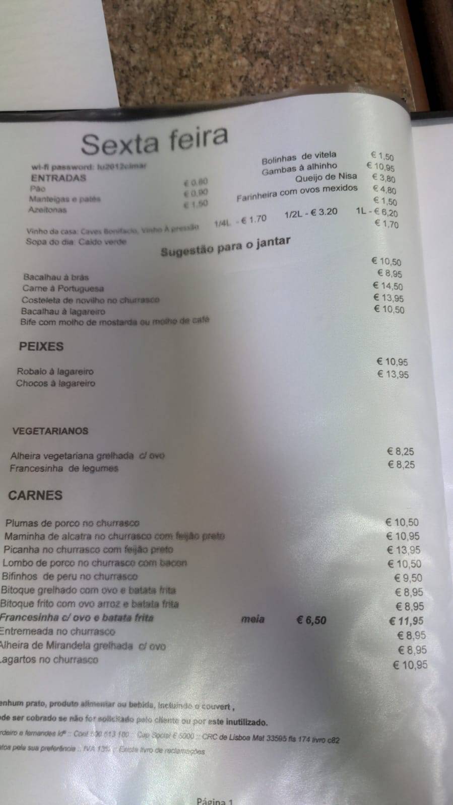 Menu at Lucimar restaurant, Lisbon, R. Francisco Tomás da Costa 28