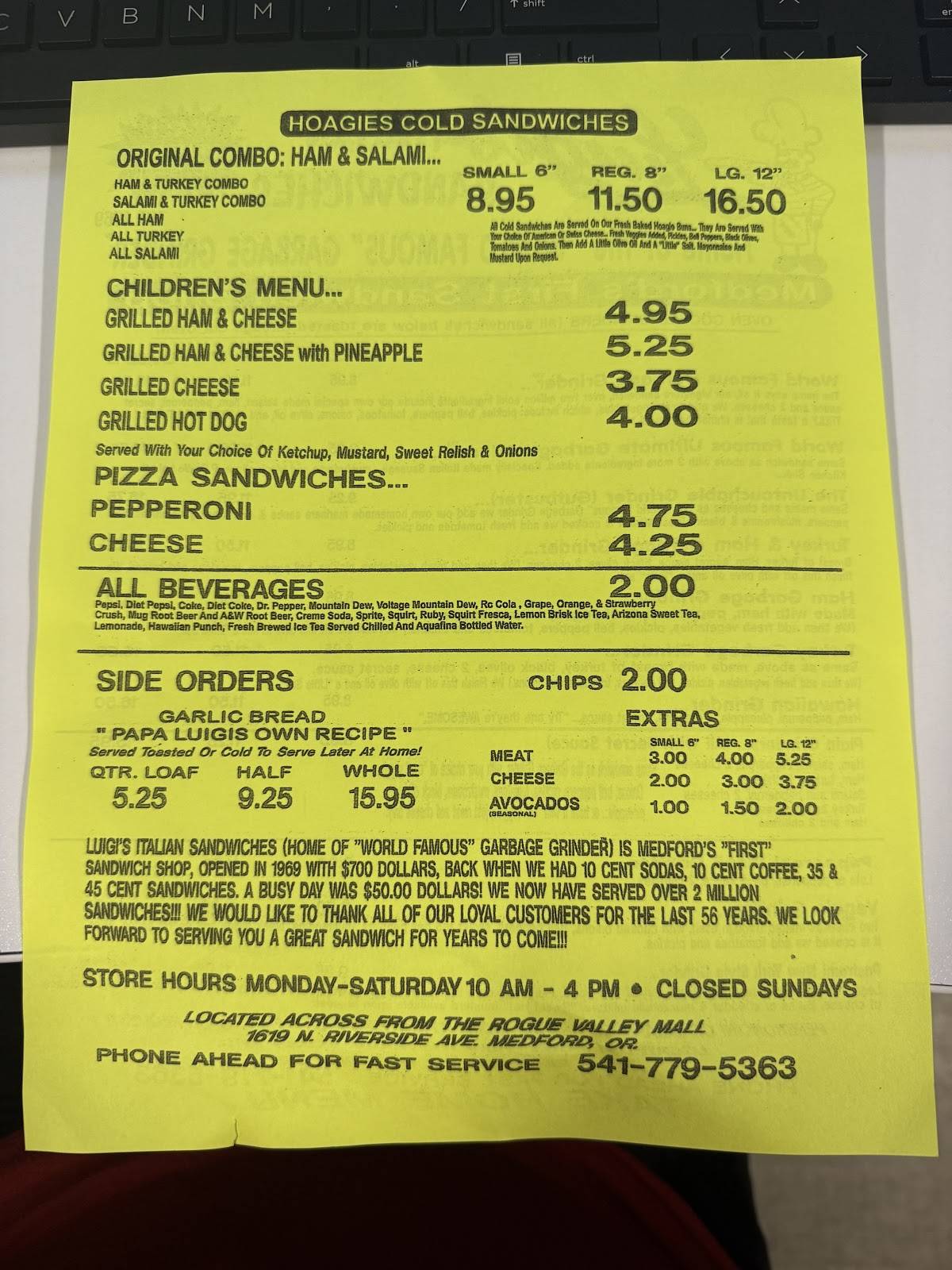Menu at Luigi's Italian Sandwiches fast food, Medford