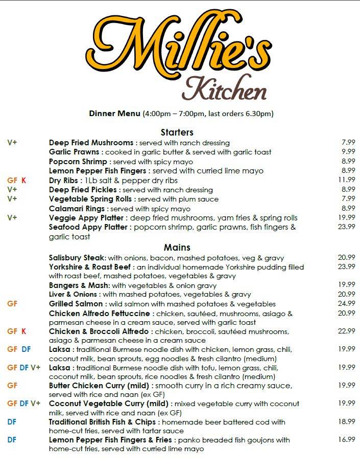 Menu at Millie's Kitchen restaurant, Lumby