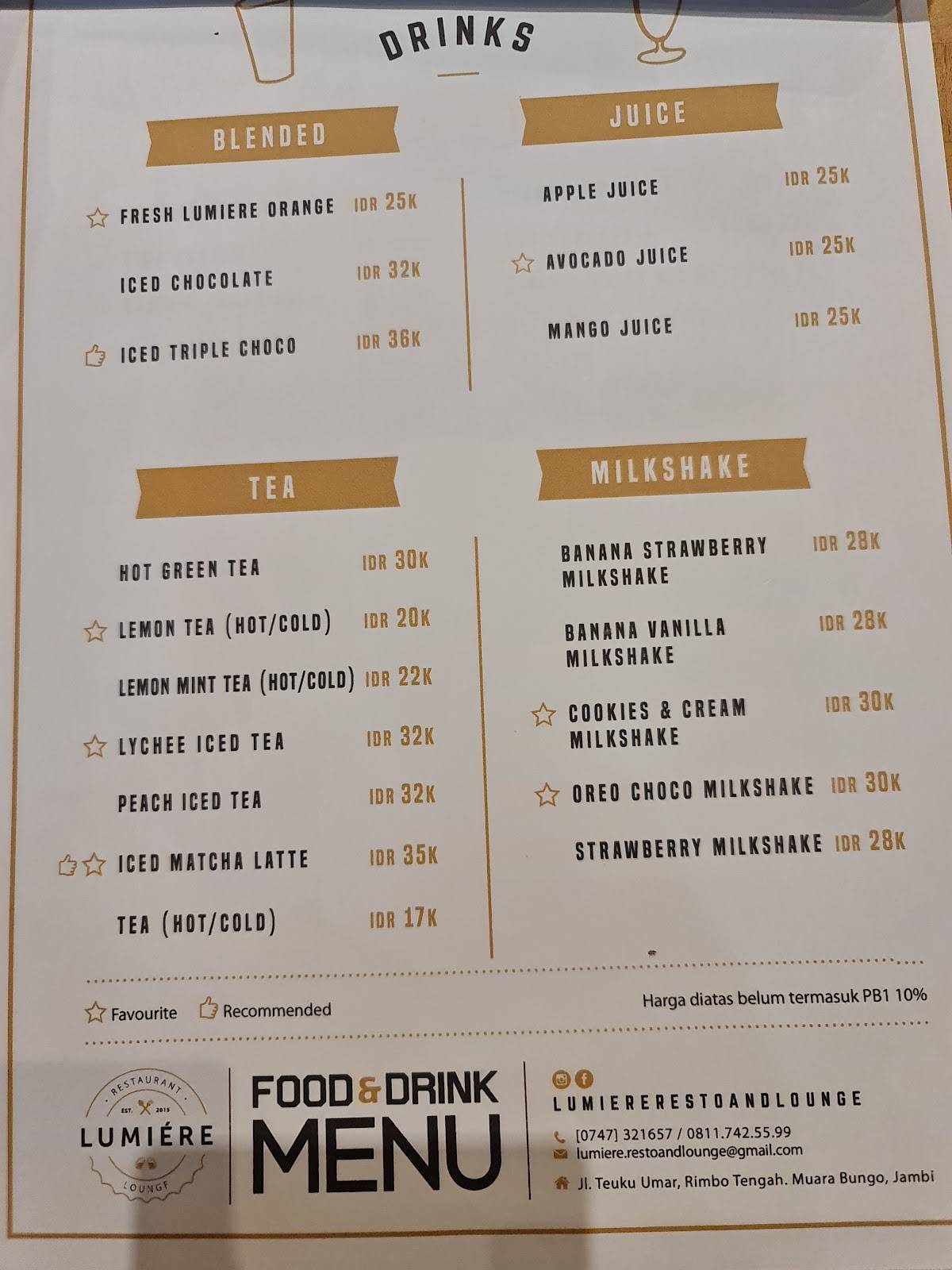 Menu at Lumiére Resto & Lounge restaurant, Batang Bungo