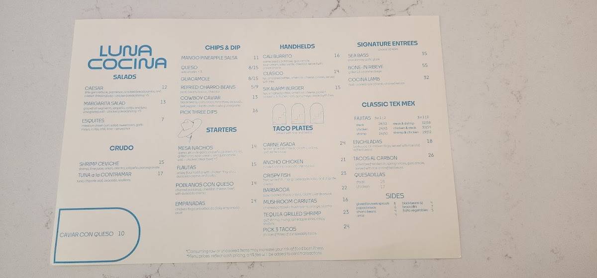 Menu at Luna Cocina restaurant, Baton Rouge