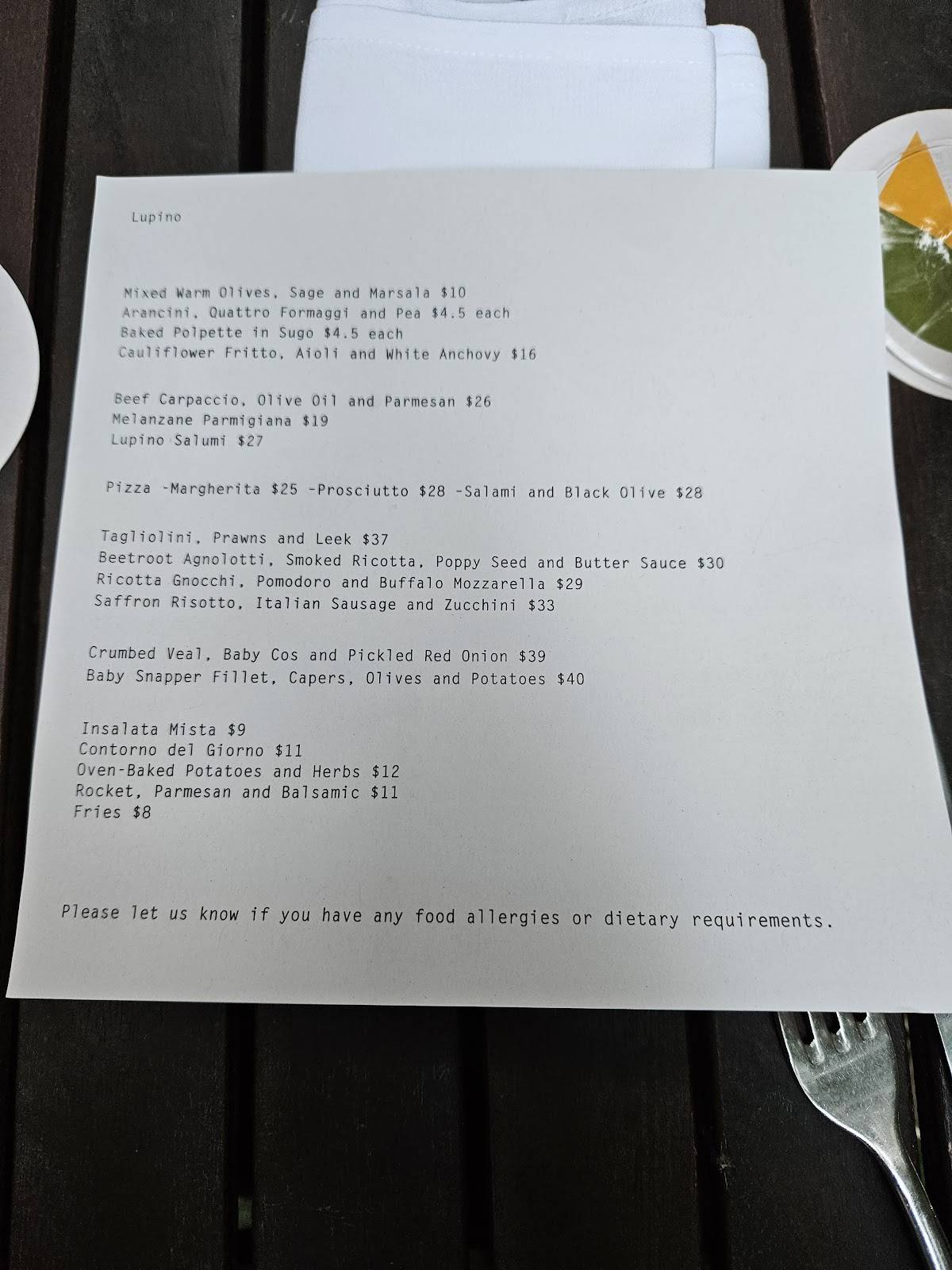 Menu at Lupino restaurant, Melbourne