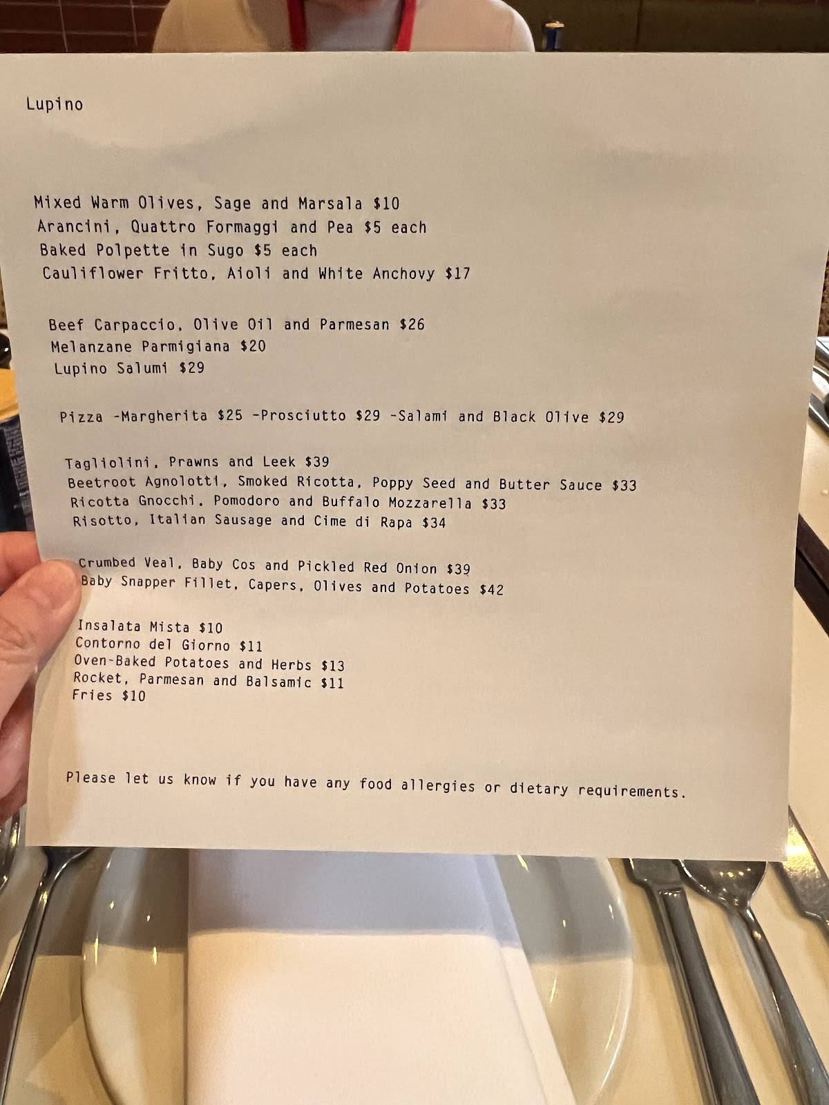 Menu at Lupino restaurant, Melbourne