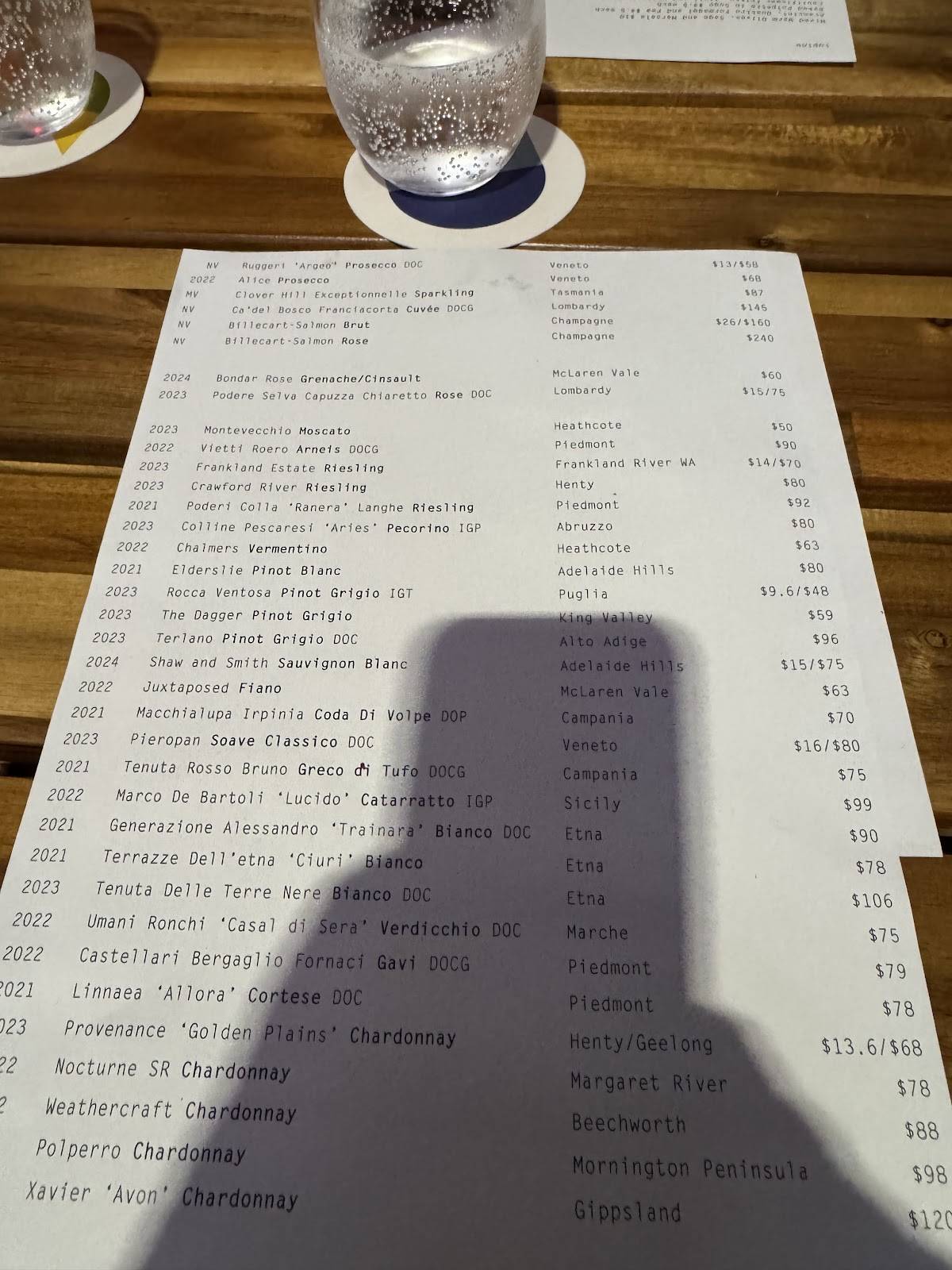Menu at Lupino restaurant, Melbourne